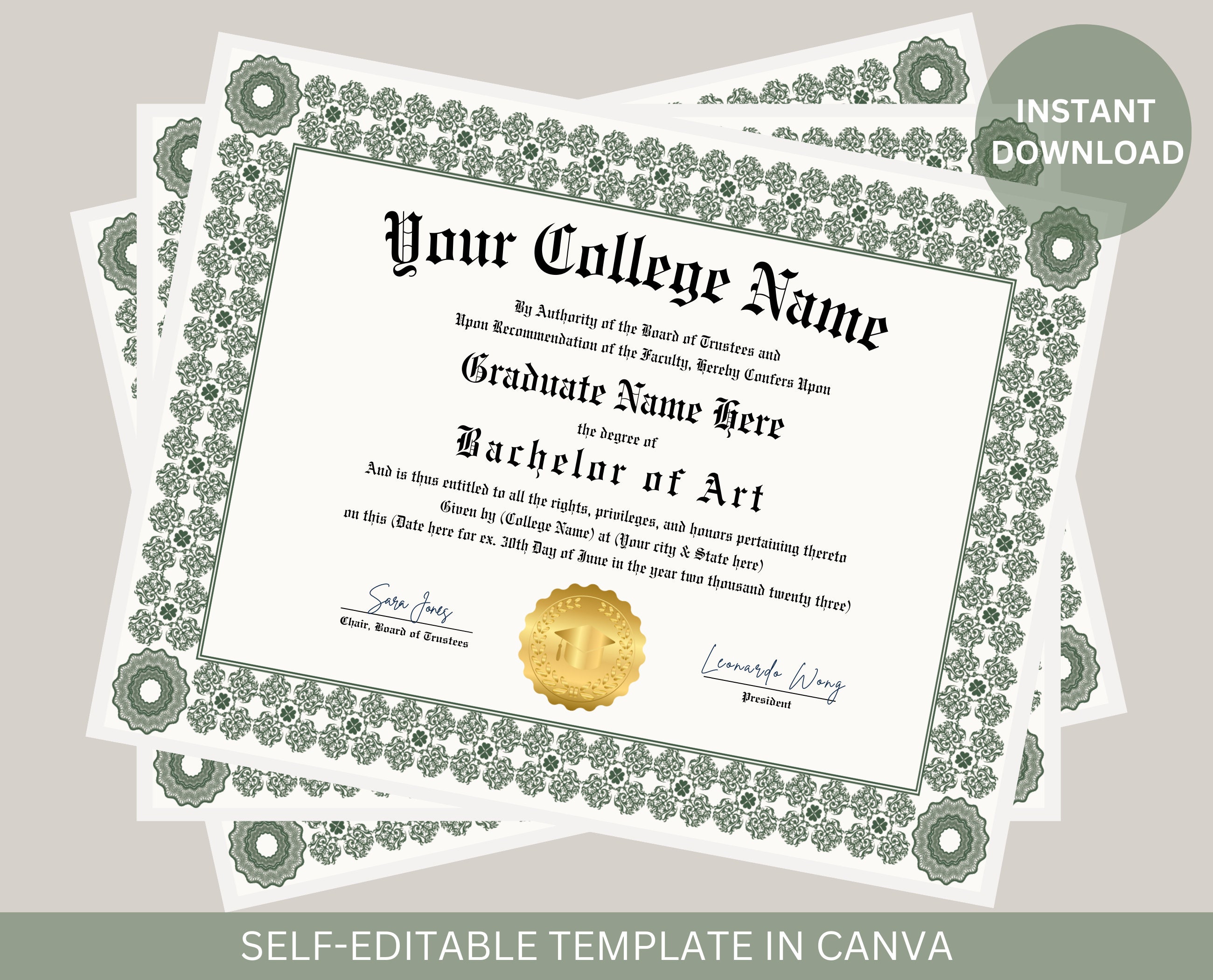Editable College Diploma With Gold Seal Printable Graduation ...