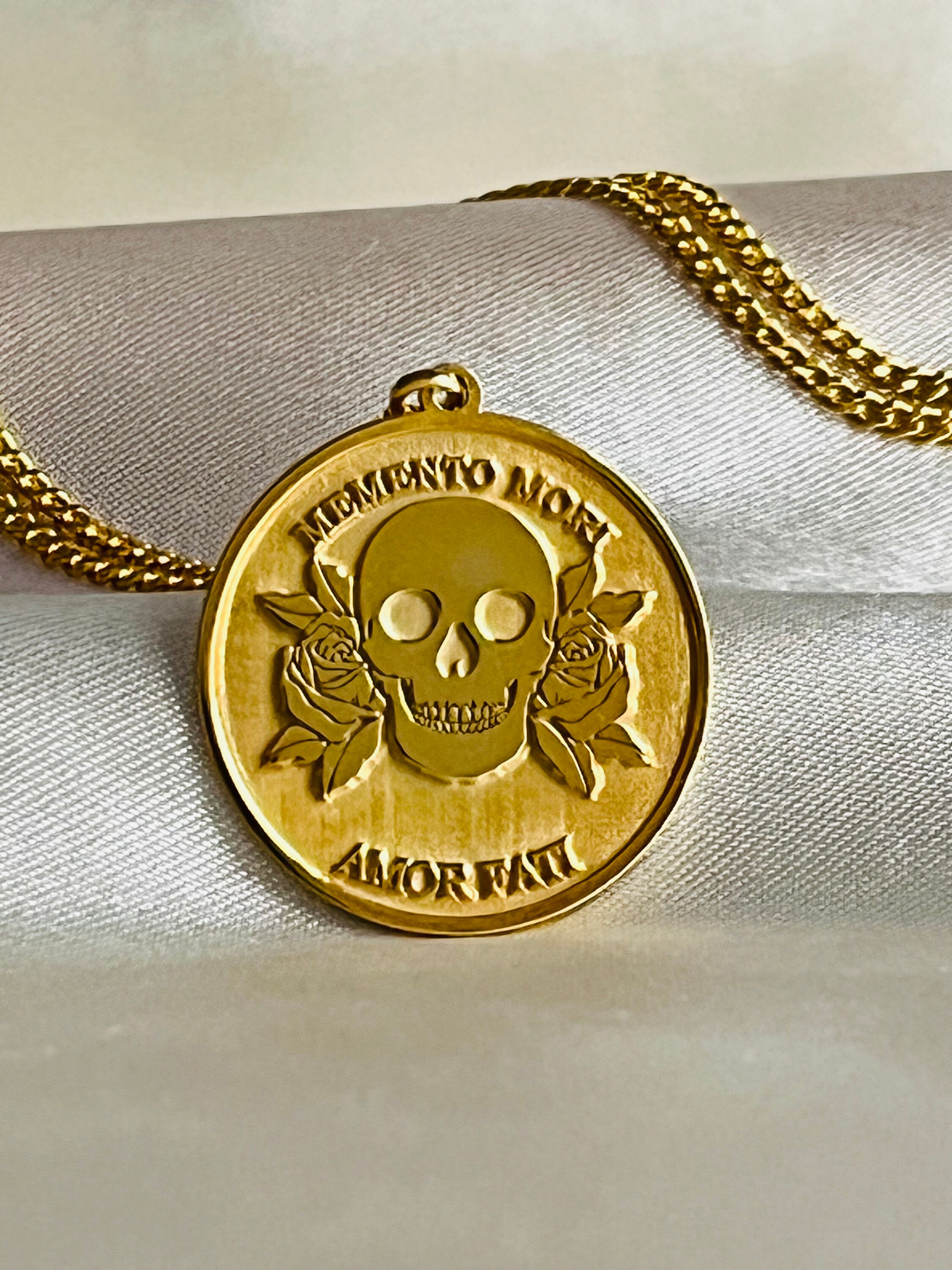 Solid Gold Memento Mori Necklace, Men Jewelry, Gold Coin Skull Pendant ...