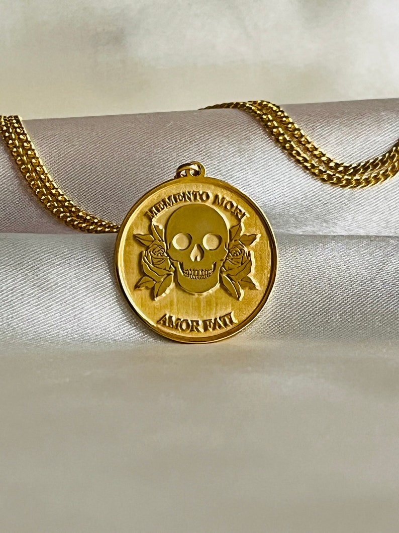 Solid Gold Memento Mori Necklace, Men Jewelry, Gold Coin Skull Pendant ...