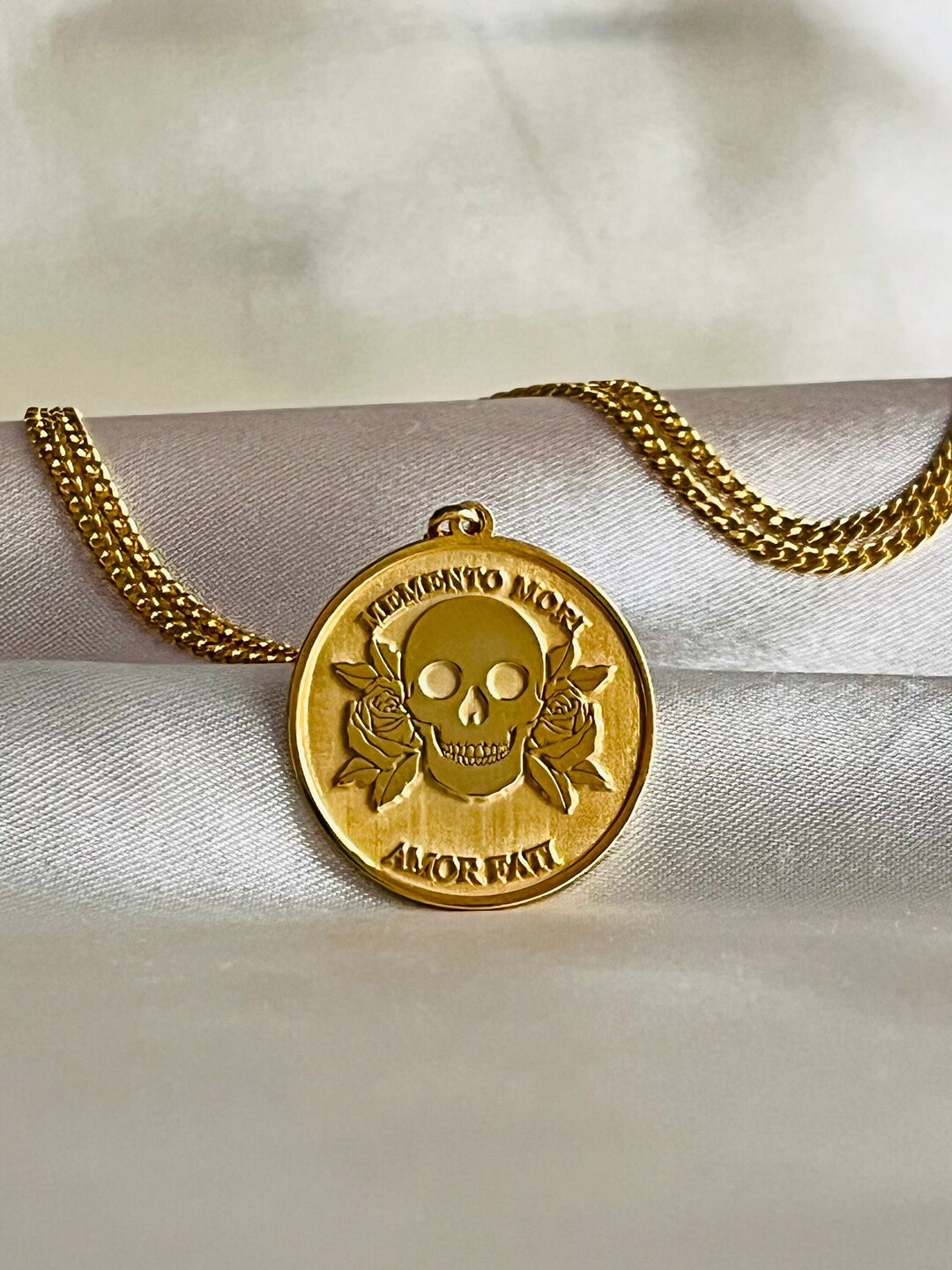 Solid Gold Memento Mori Necklace, Men Jewelry, Gold Coin Skull Pendant ...
