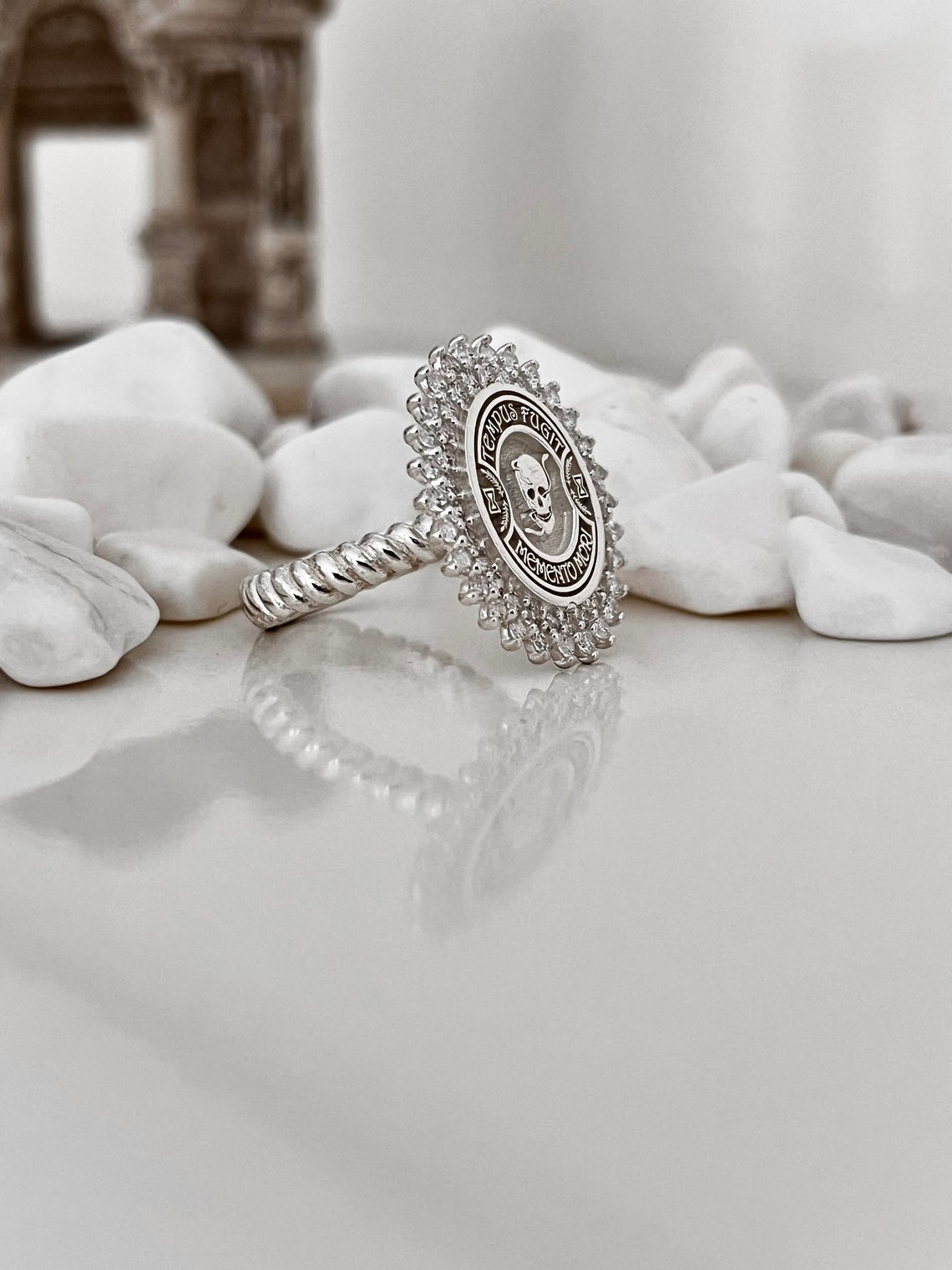 Silver Memento Mori Ring, Stoic Ring, Personalized Ring, Stone Ring ...