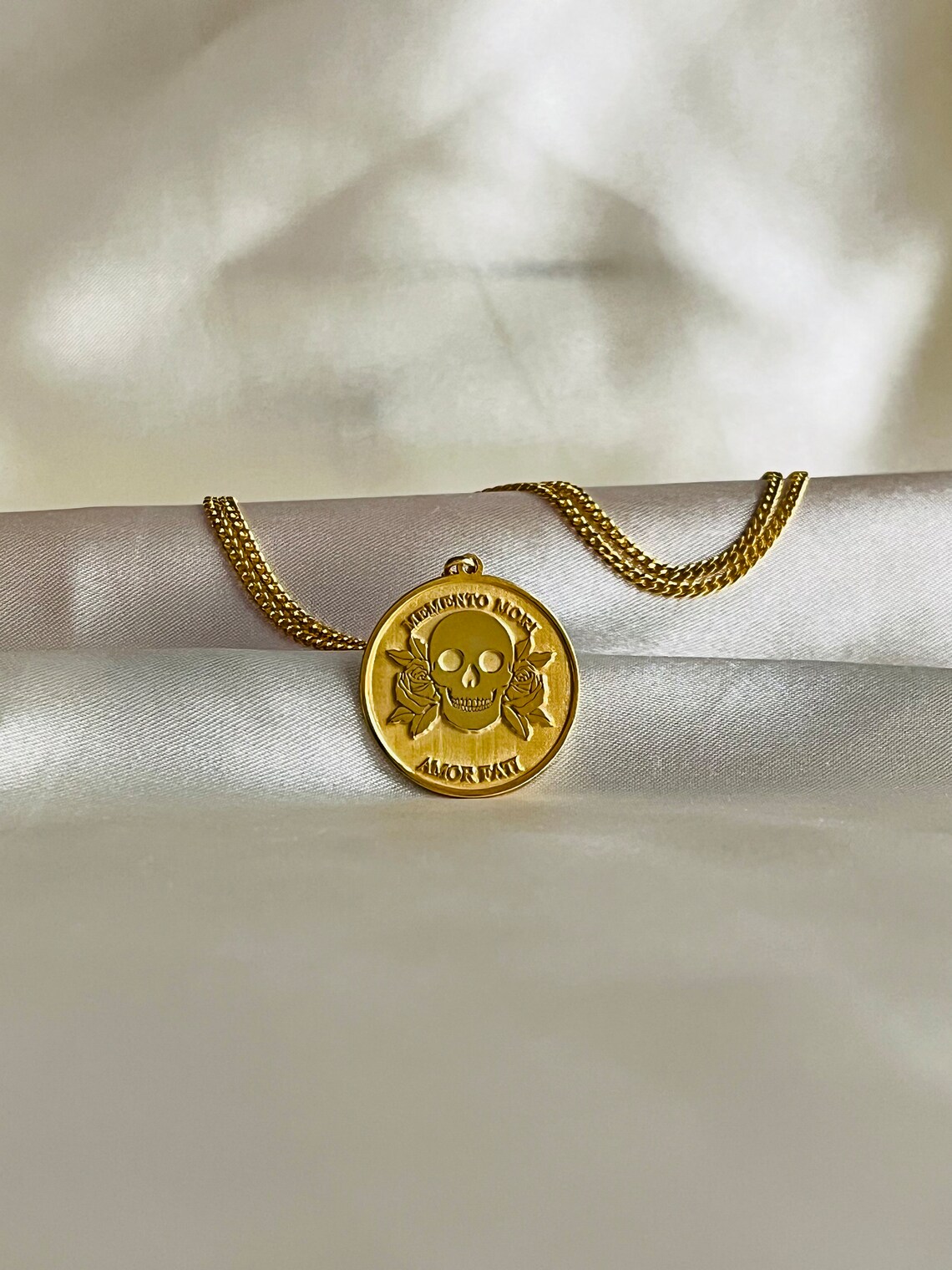 Solid Gold Memento Mori Necklace, Men Jewelry, Gold Coin Skull Pendant ...