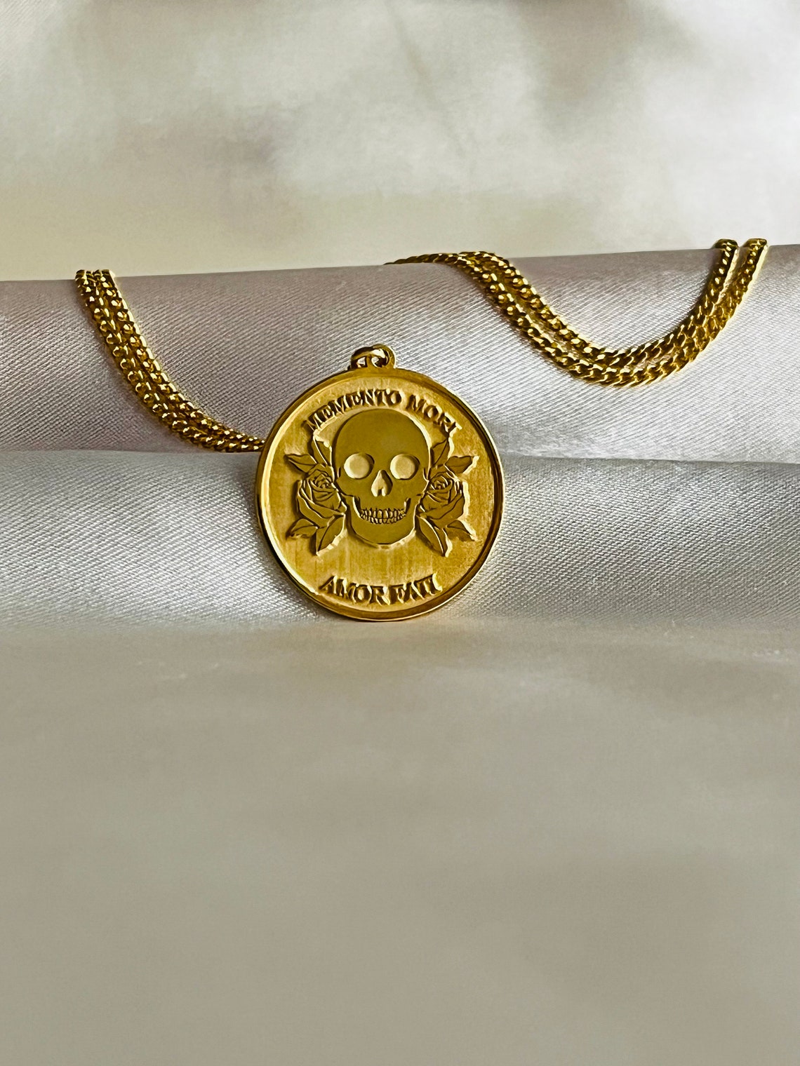 Solid Gold Memento Mori Necklace, Men Jewelry, Gold Coin Skull Pendant ...