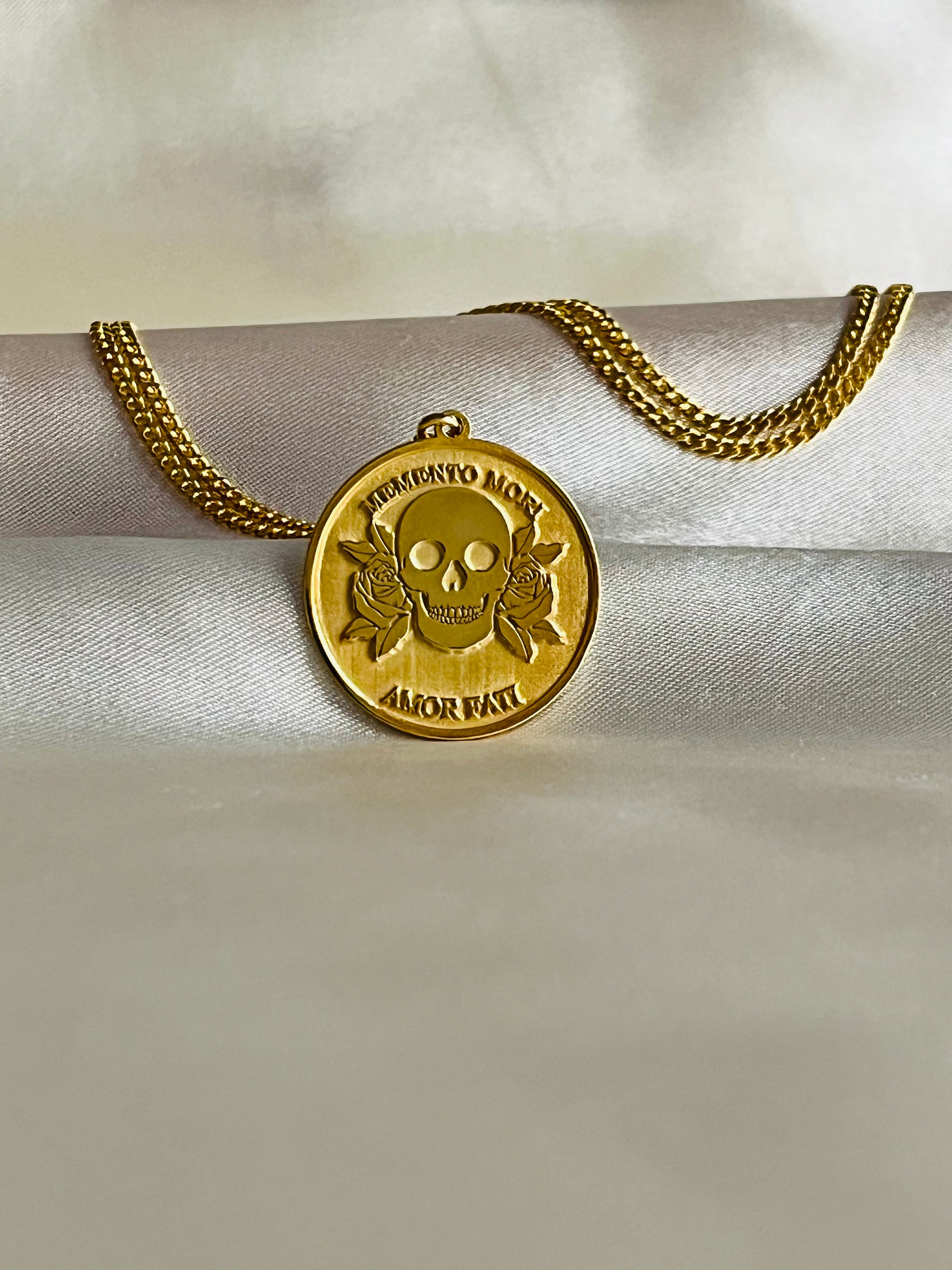 Solid Gold Memento Mori Necklace, Men Jewelry, Gold Coin Skull Pendant ...