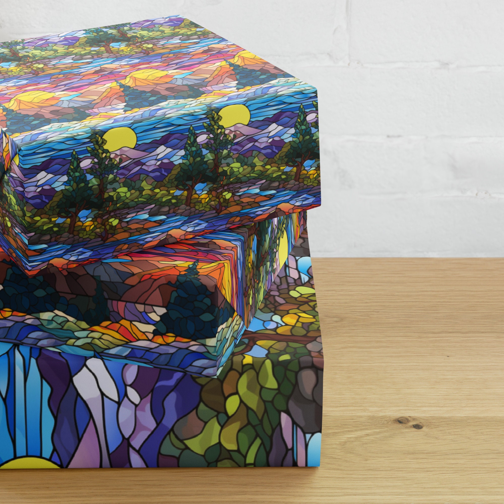 Stained Glass Mountain Sunrise Wrapping Paper Set Birthday Gift Wrap ...