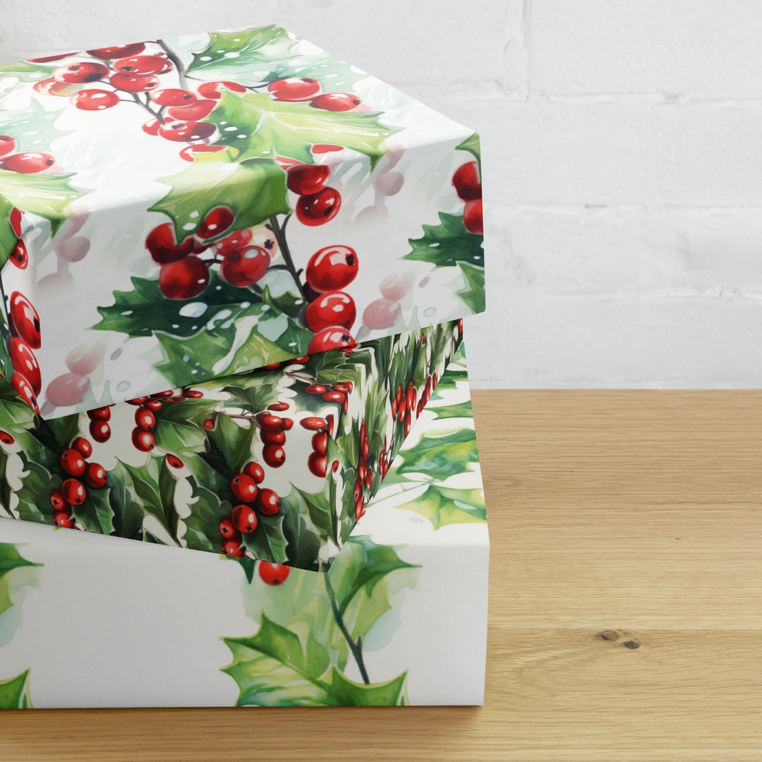 Christmas Holly Wrapping Paper Set Holly Gift Wrap Christmas Gift Wrap ...