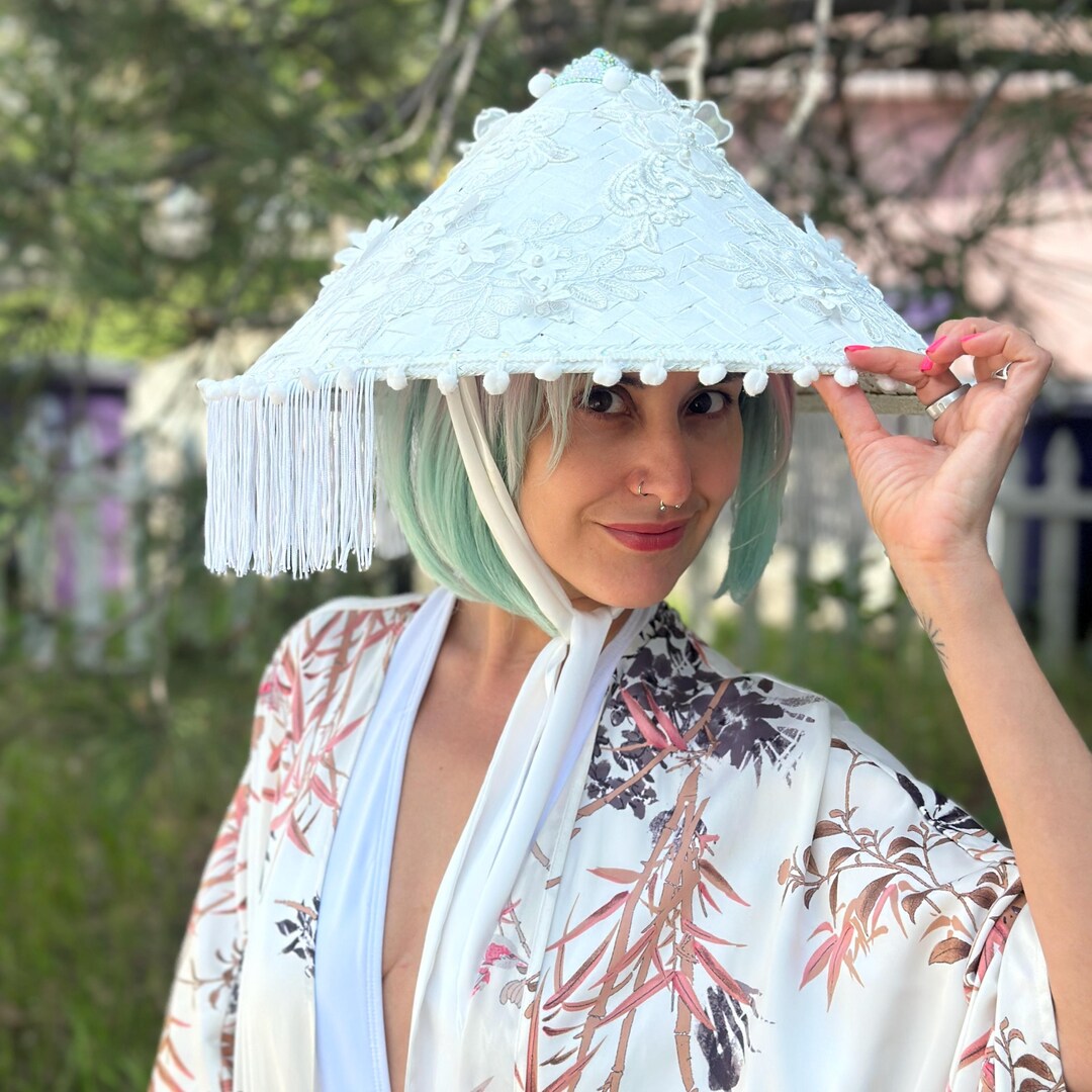 Unique White Festival Sun Hat - 16" Brim, Blacklight UV, Conical Rave ...
