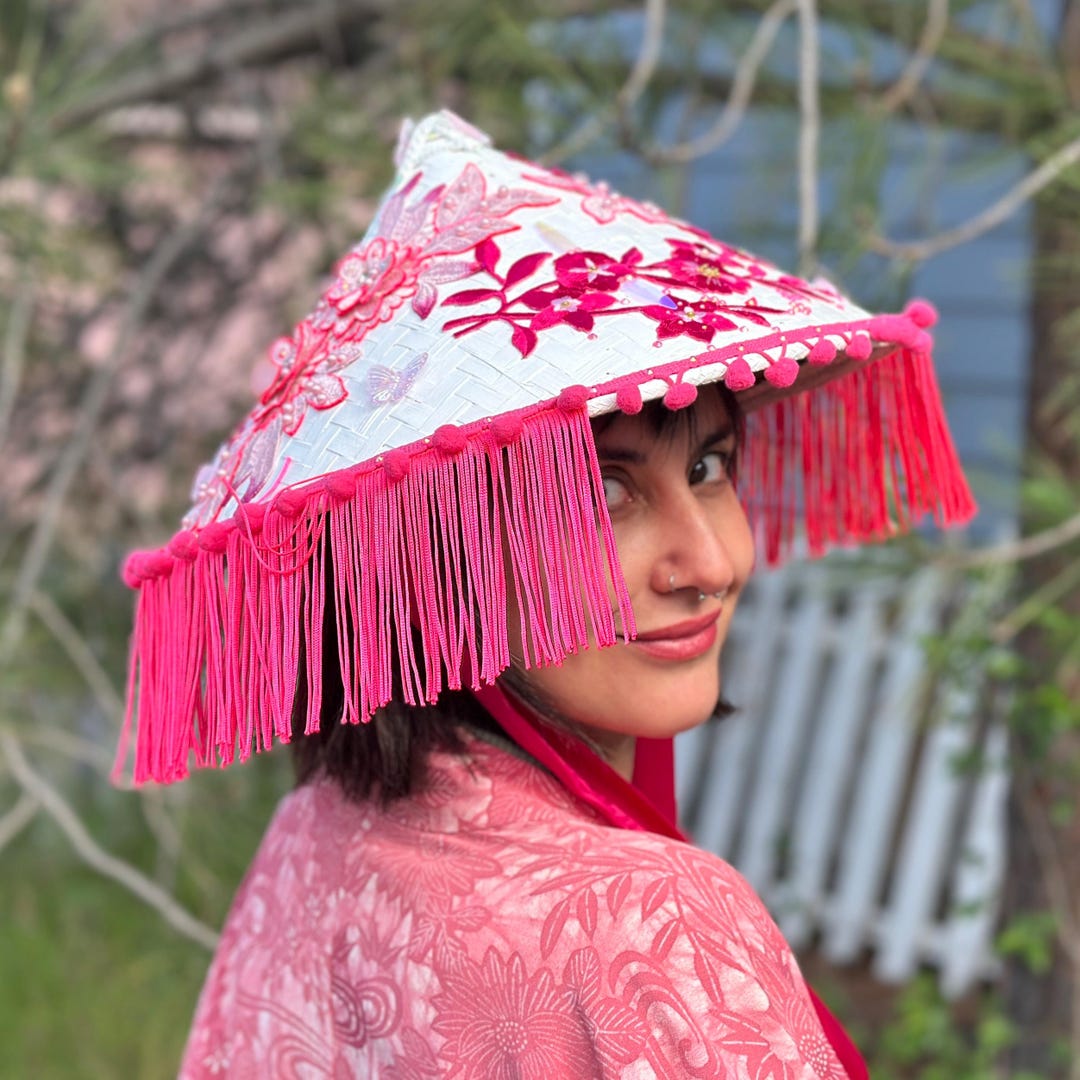 UV Reactive Conical Sun Hat: Hot Pink Fringe, Burning Man Rave ...