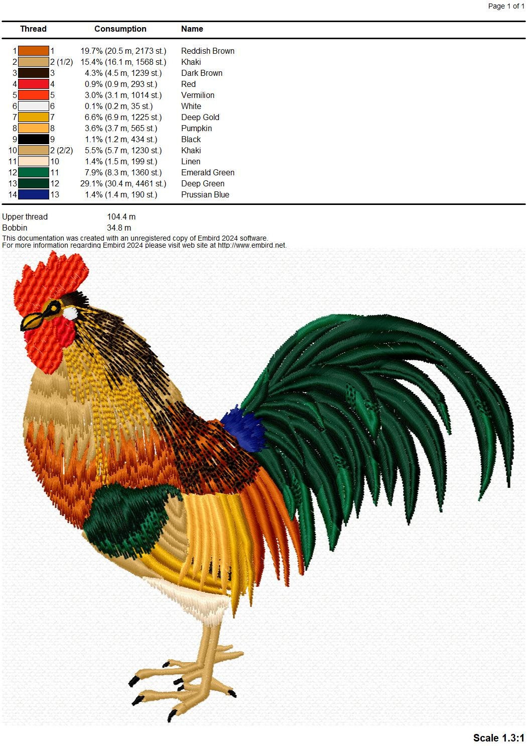 Rooster, Pattern for Machine Embroidery Design, 3 Sizes, Pes, Hus, Dst ...