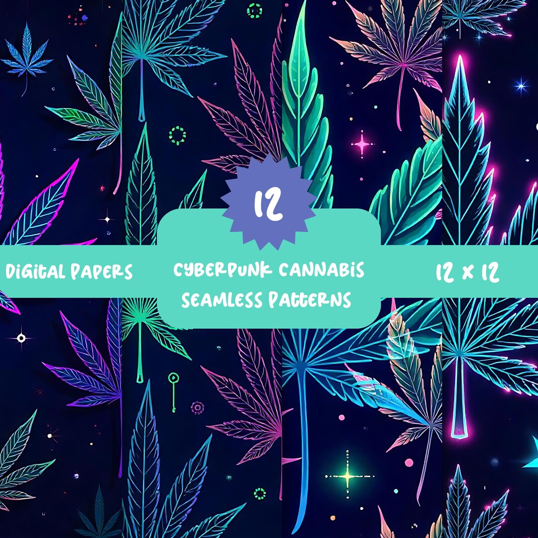Cyberpunk Cannabis Seamless Patterns Neon Digital Papers Futuristic ...