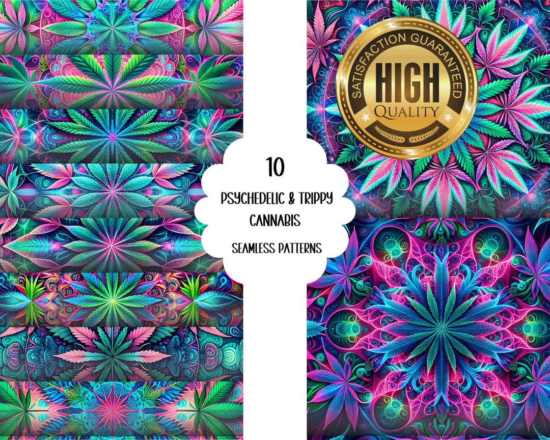 Psychedelic Cannabis Seamless Patterns | Trippy Weed Digital Paper ...