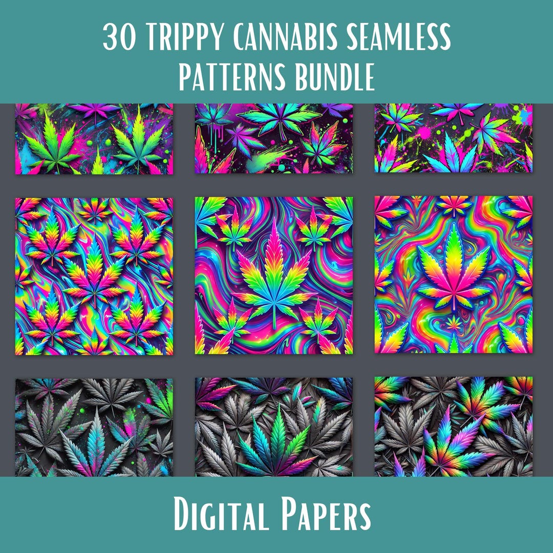 30 Trippy Cannabis Seamless Patterns Bundle | Neon Weed Digital Papers ...