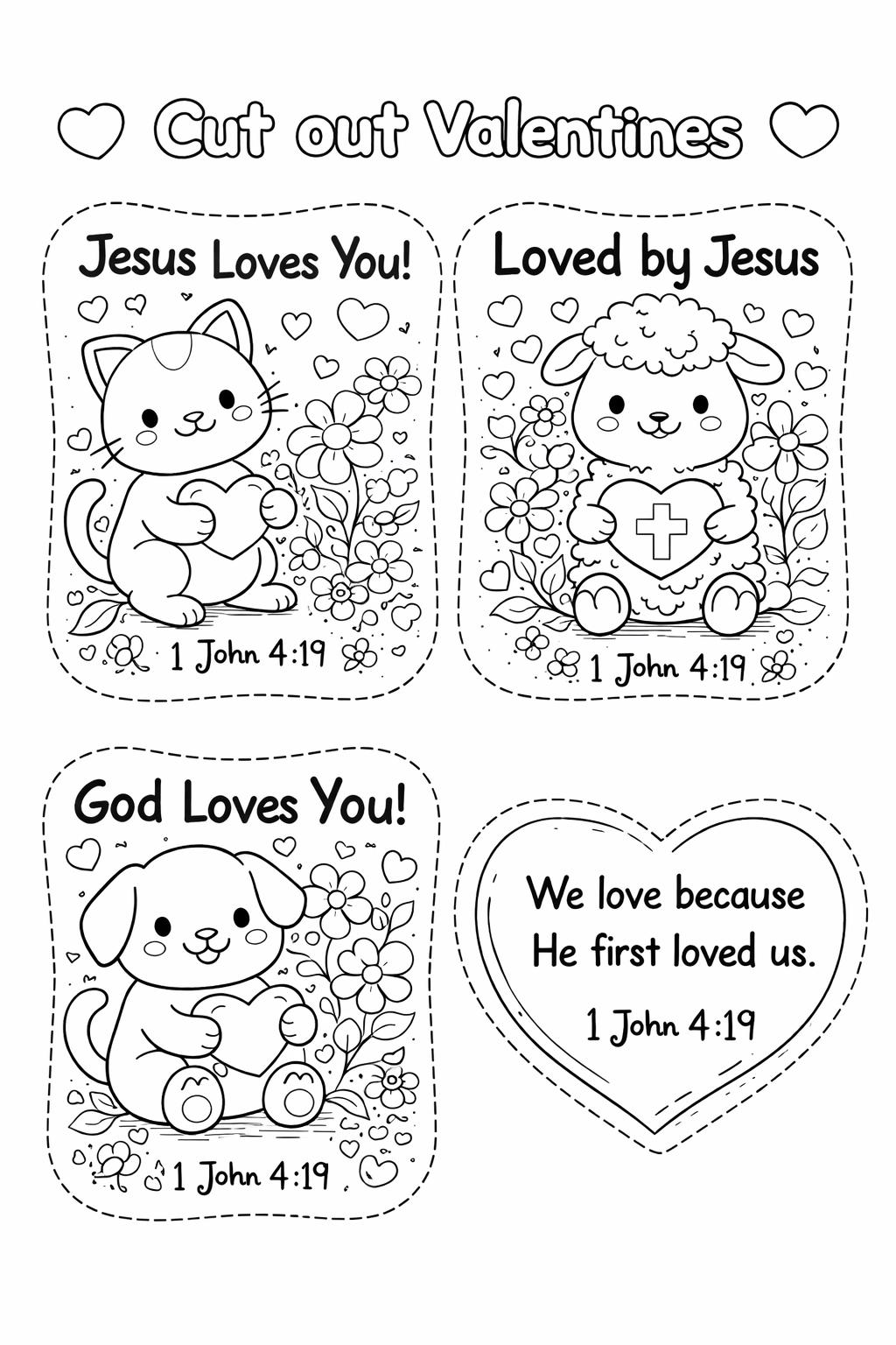 Christian Valentine Coloring Page | 1 John 4:19, Cut Out Valentines ...