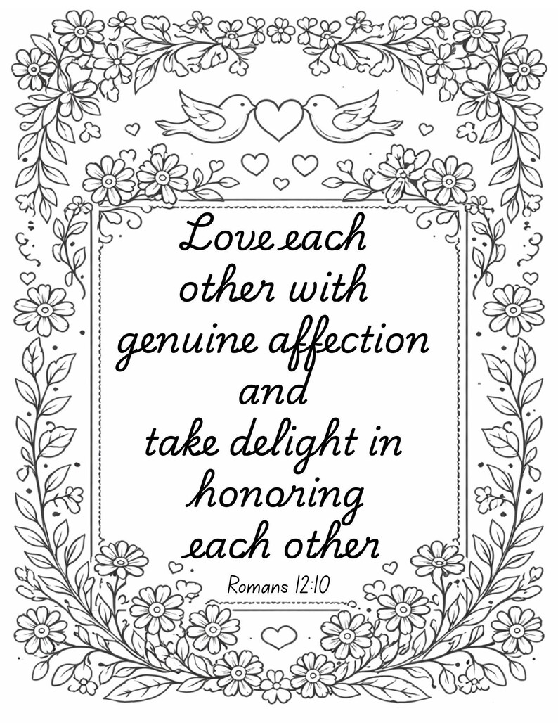 Floral Heart Christian Coloring Page | Romans 12:10 Scripture Art (PDF ...