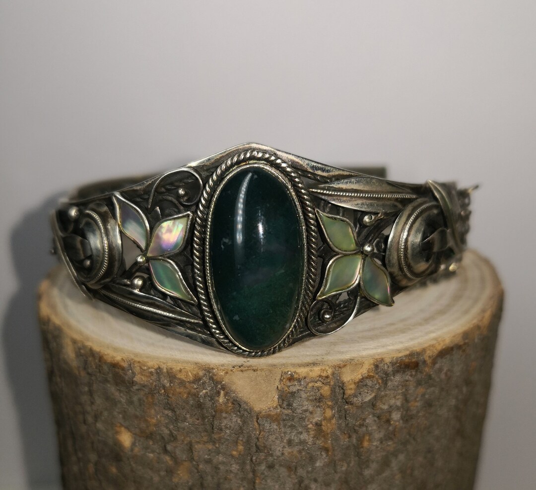 Bracelet en filigrane cupronickel, agate mousse et nacre, fait à la main. - Etsy France