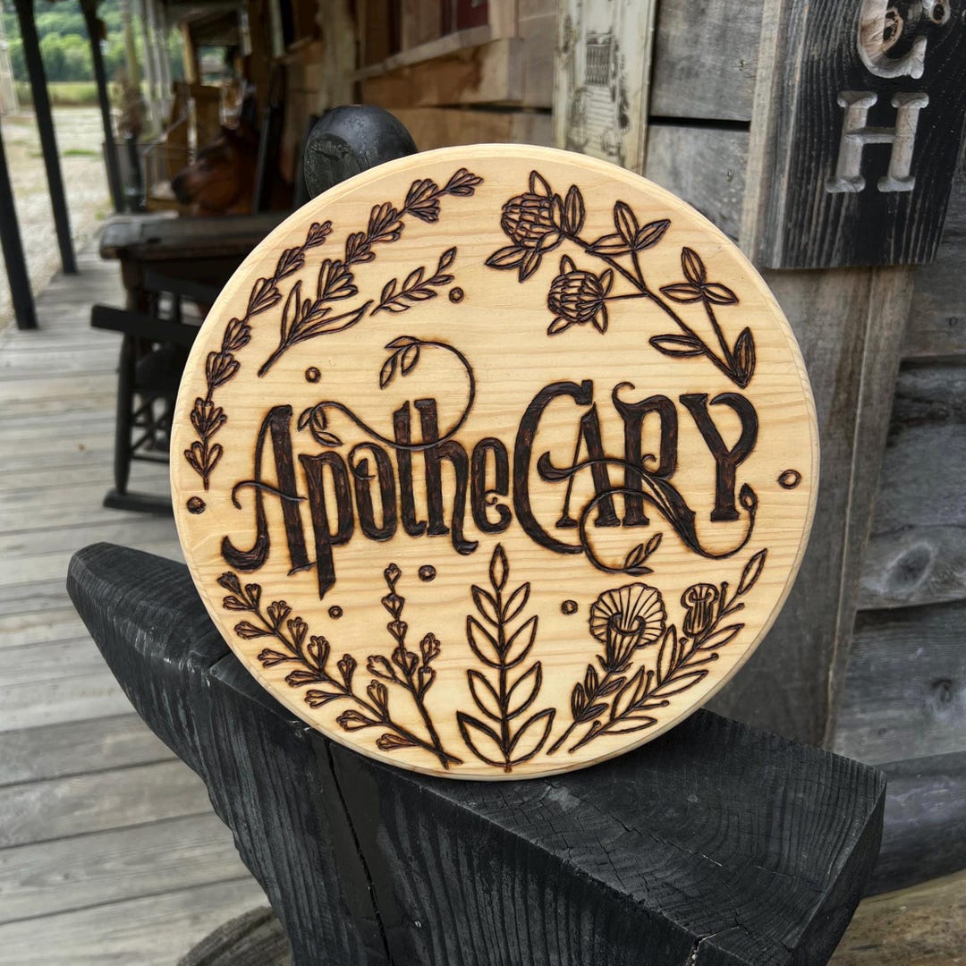 Round Apothecary Wood Burning Sign, Pharmacy, First Aid Sign, Botanical ...