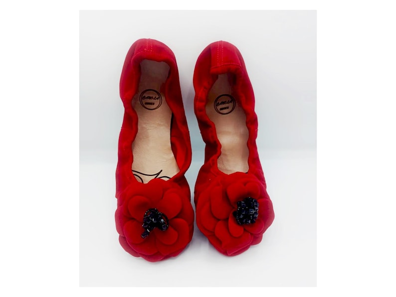 Red Flower Ballet Flats for Women, Handmade Fabric Ballerina Shoes ...