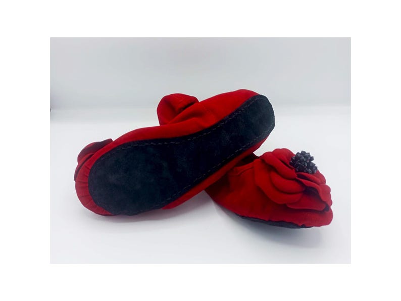 Red Flower Ballet Flats for Women, Handmade Fabric Ballerina Shoes ...