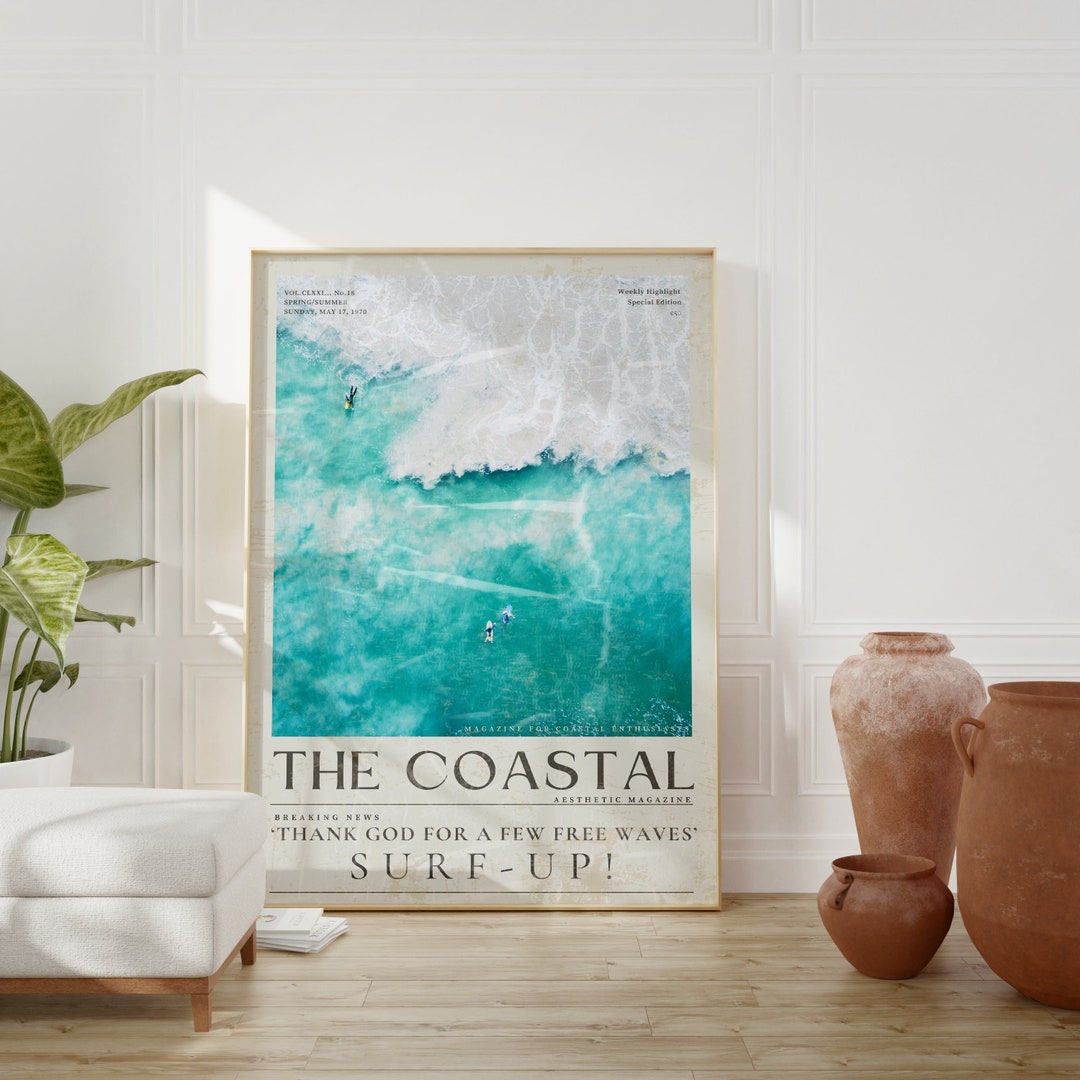 Blue Coastal Surf up Wall Art, Vintage Coastal Newspaper Print, Surfer ...