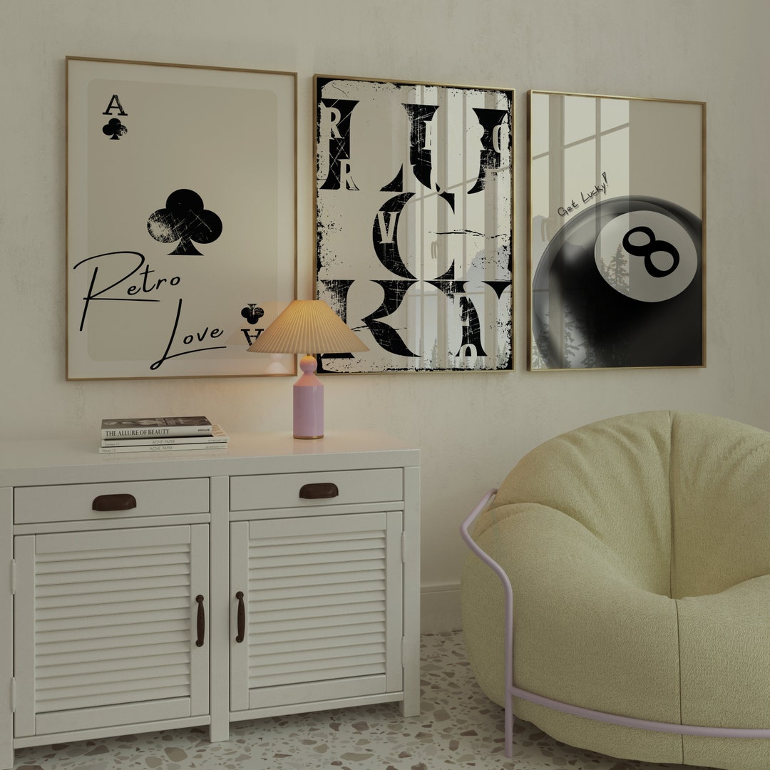 Retro Black Wall Art Prints: Lucky, Eight Ball, Ace Card (digital ...