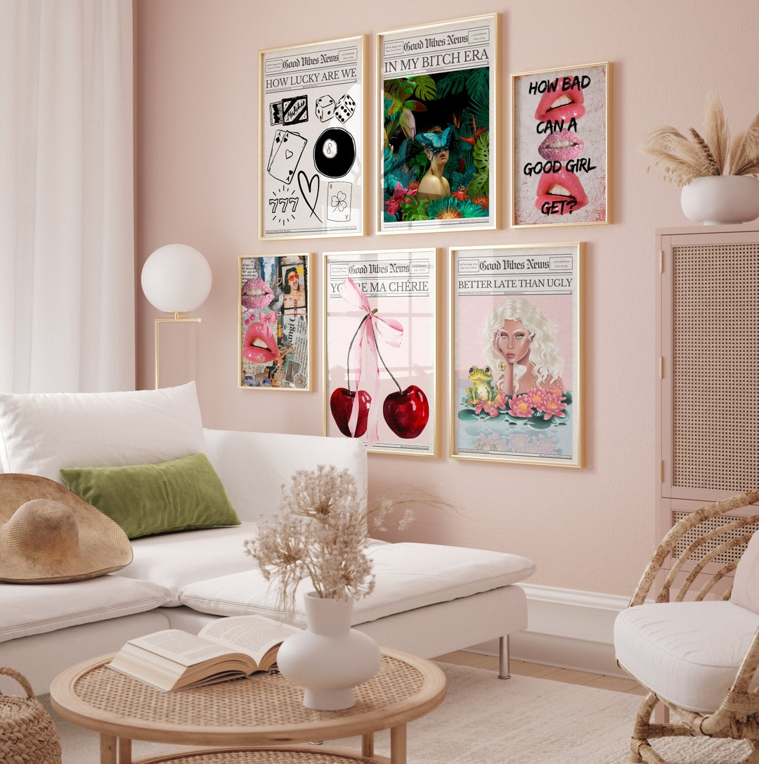 Preppy Pink Newspaper Art Print Set: Trendy Wall Decor (digital ...