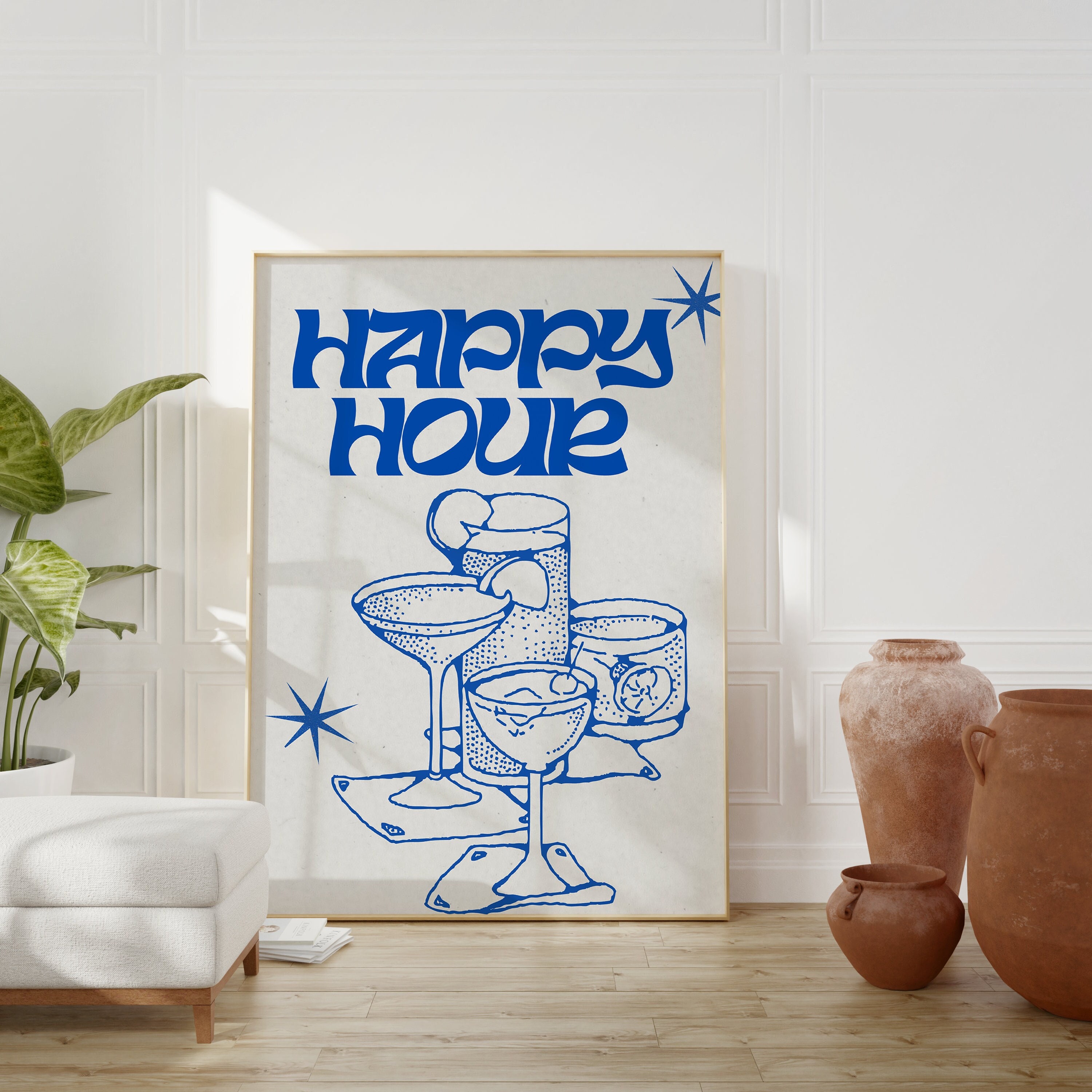 Blue Retro Happy Hour Print: Cocktail Illustration, Bar Cart Decor ...