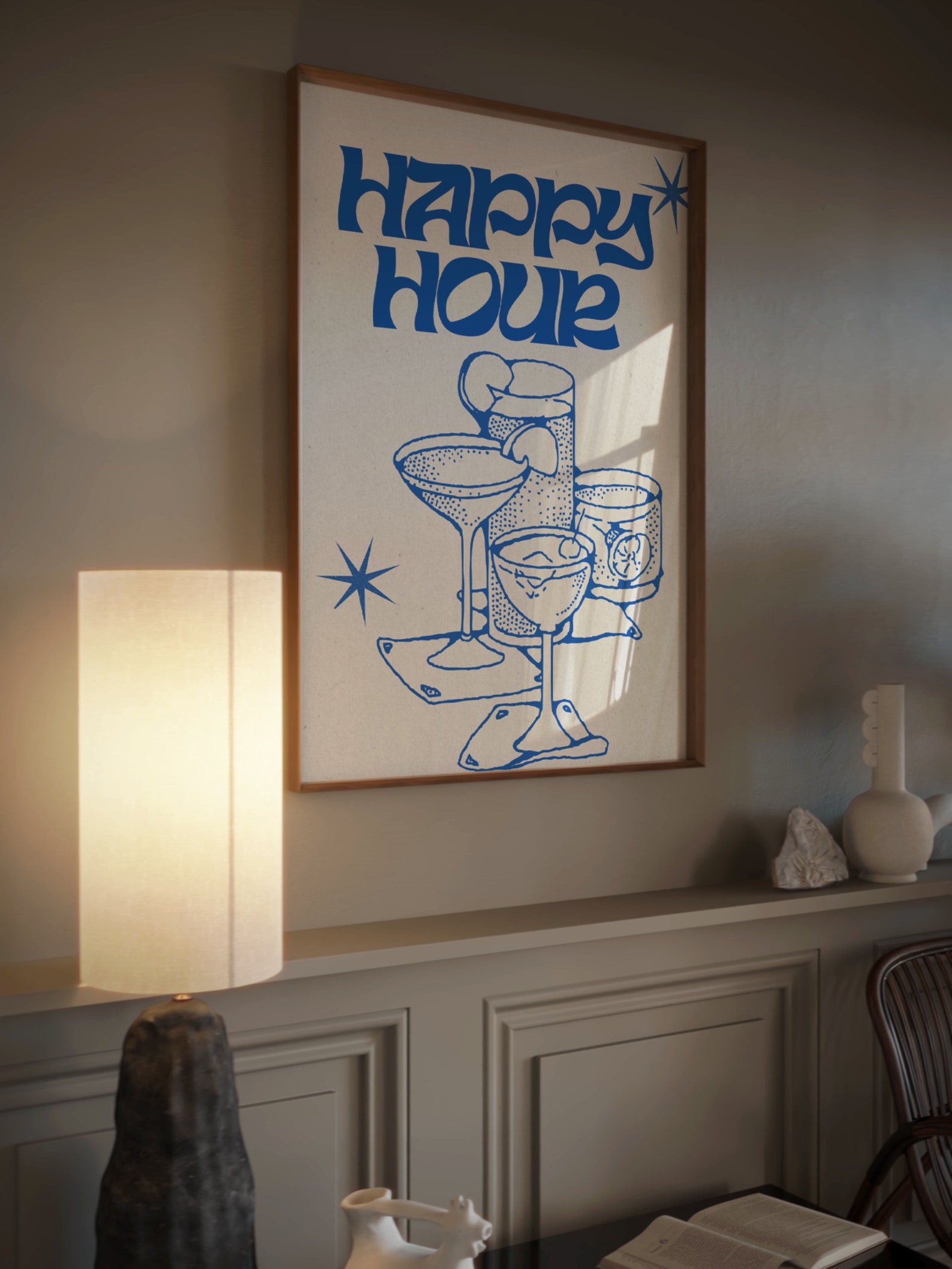 Blue Retro Happy Hour Print: Cocktail Illustration, Bar Cart Decor ...