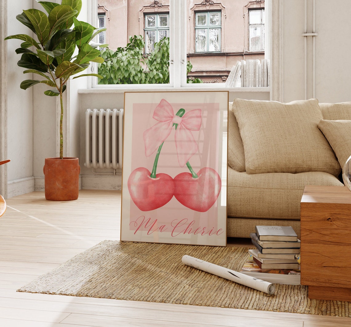 Ma Cherie Print, Watercolor Cherry Pink Bow Wall Art, Girly Coquette ...