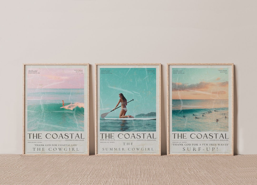 Blue Coastal Life Surf Magazine Cover Wall Art, Coastal Cowgirl Poster, Vintage Newspaper Surf ...