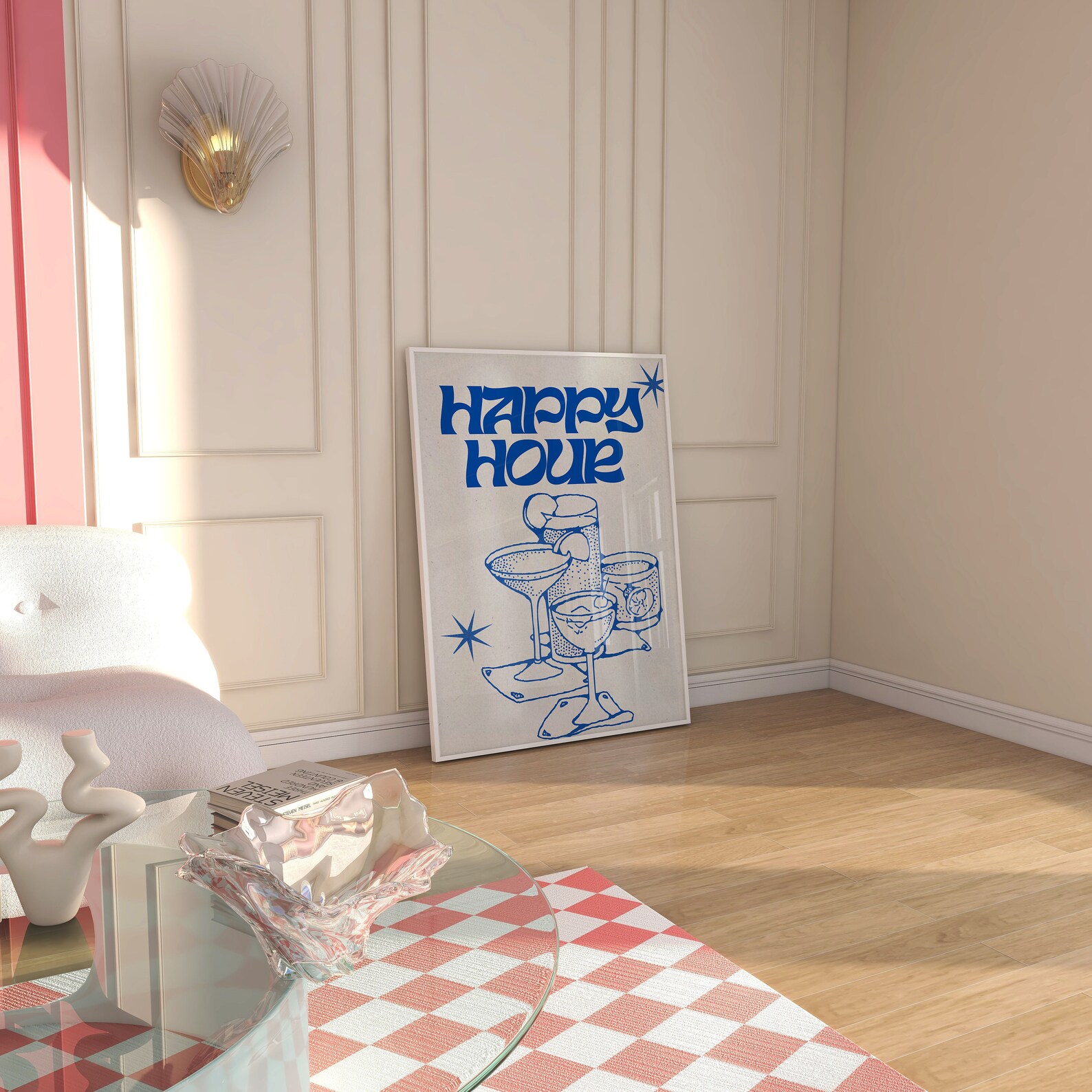 Blue Retro Happy Hour Print: Cocktail Illustration, Bar Cart Decor ...