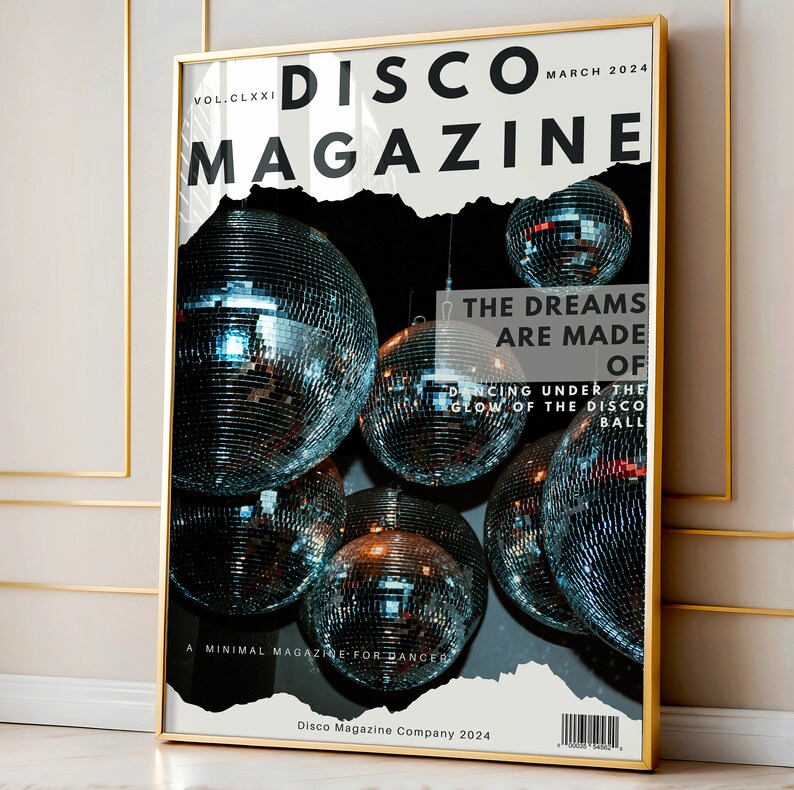 Disco Magazine Cover Wall Art, Disco Ball Print, Black and White Bar ...