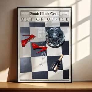 Trendy Newspaper Print, Out of Office Poster, Disco Ball Champagne Wall ...