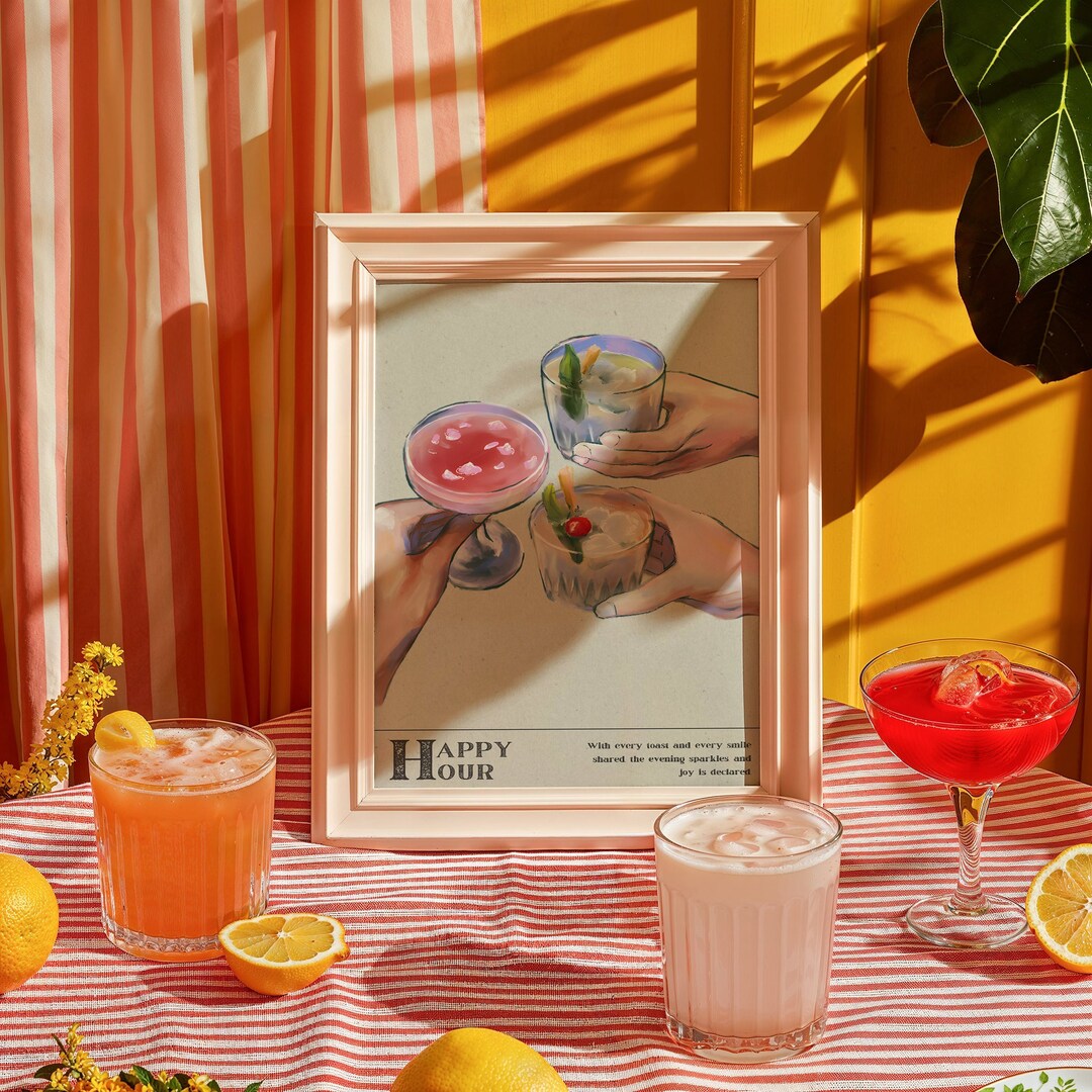 Retro Happy Hour Print Cocktail Illustration Poster Bar Warenkorb Wand ...