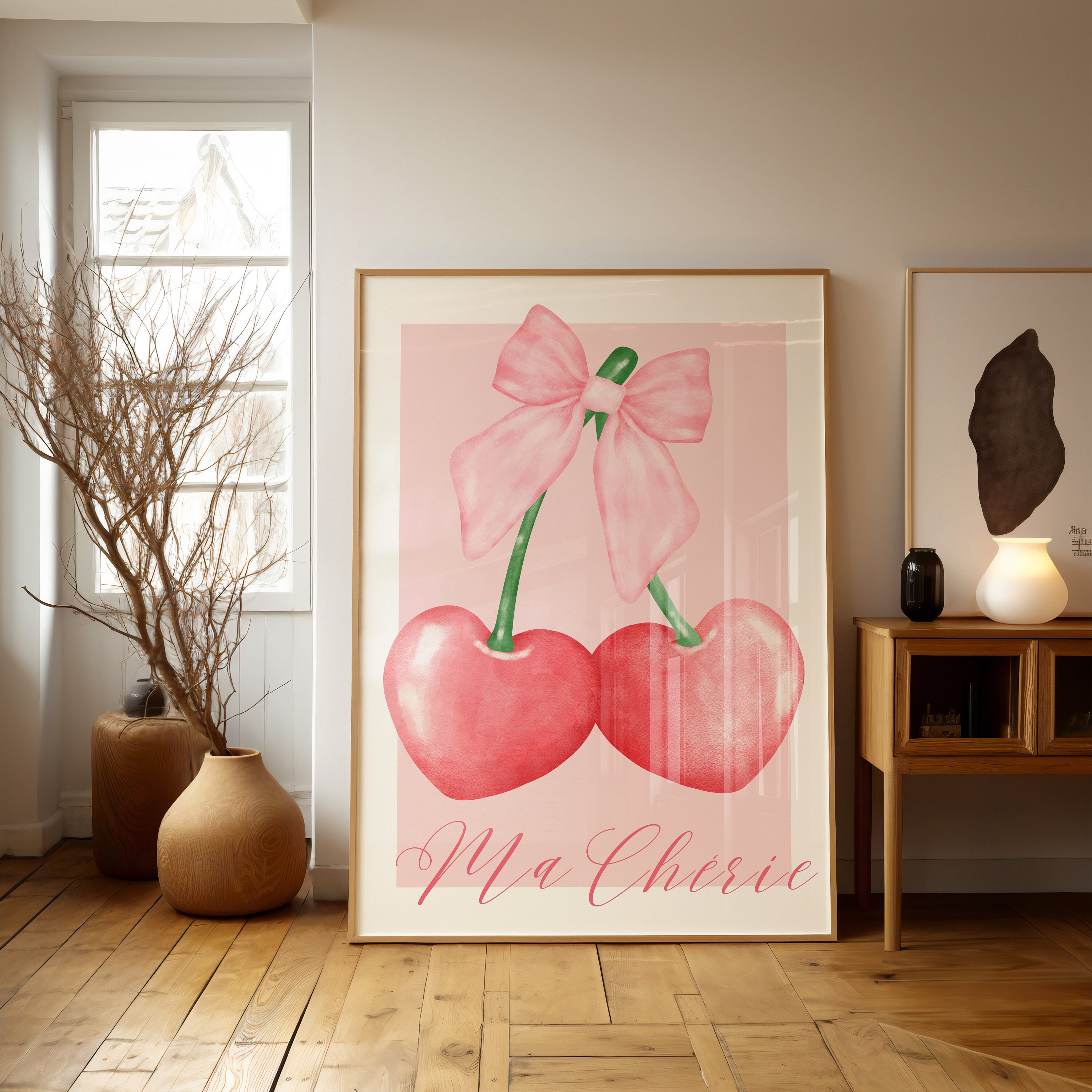 Ma Cherie Print, Watercolor Cherry Pink Bow Wall Art, Girly Coquette ...