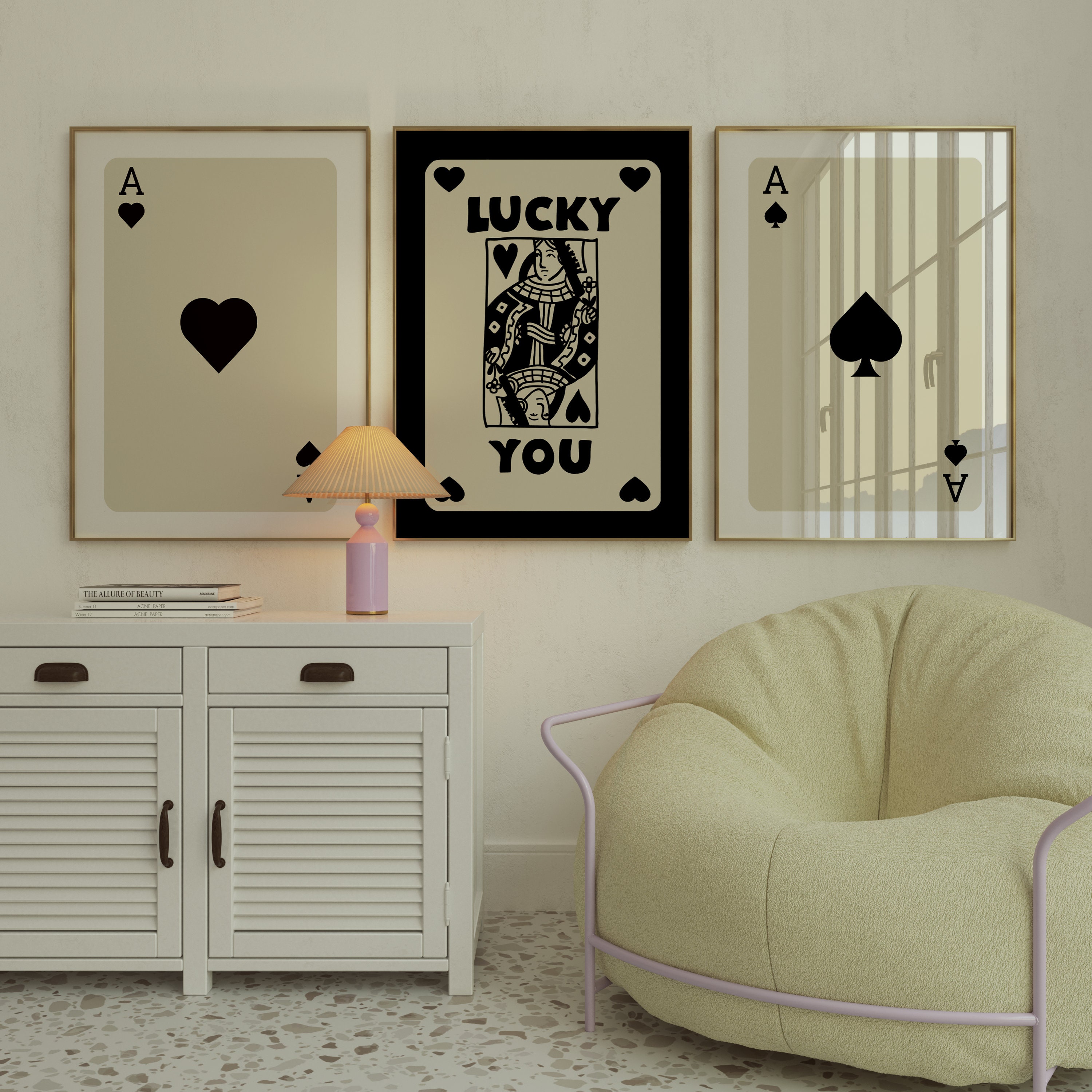 Trendy Retro Black and Beige Lucky You Queen of Hearts and Ace of ...