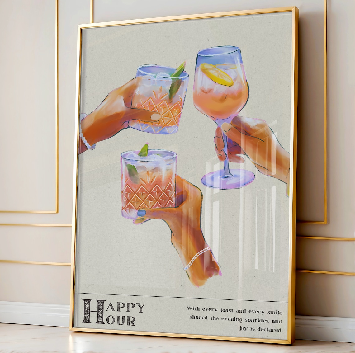 Happy Hour Poster Cocktail Illustration Print Bar Cart Art Trendy Retro ...