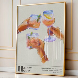 Happy Hour Poster Cocktail Illustration Print Bar Cart Art Trendy Retro ...