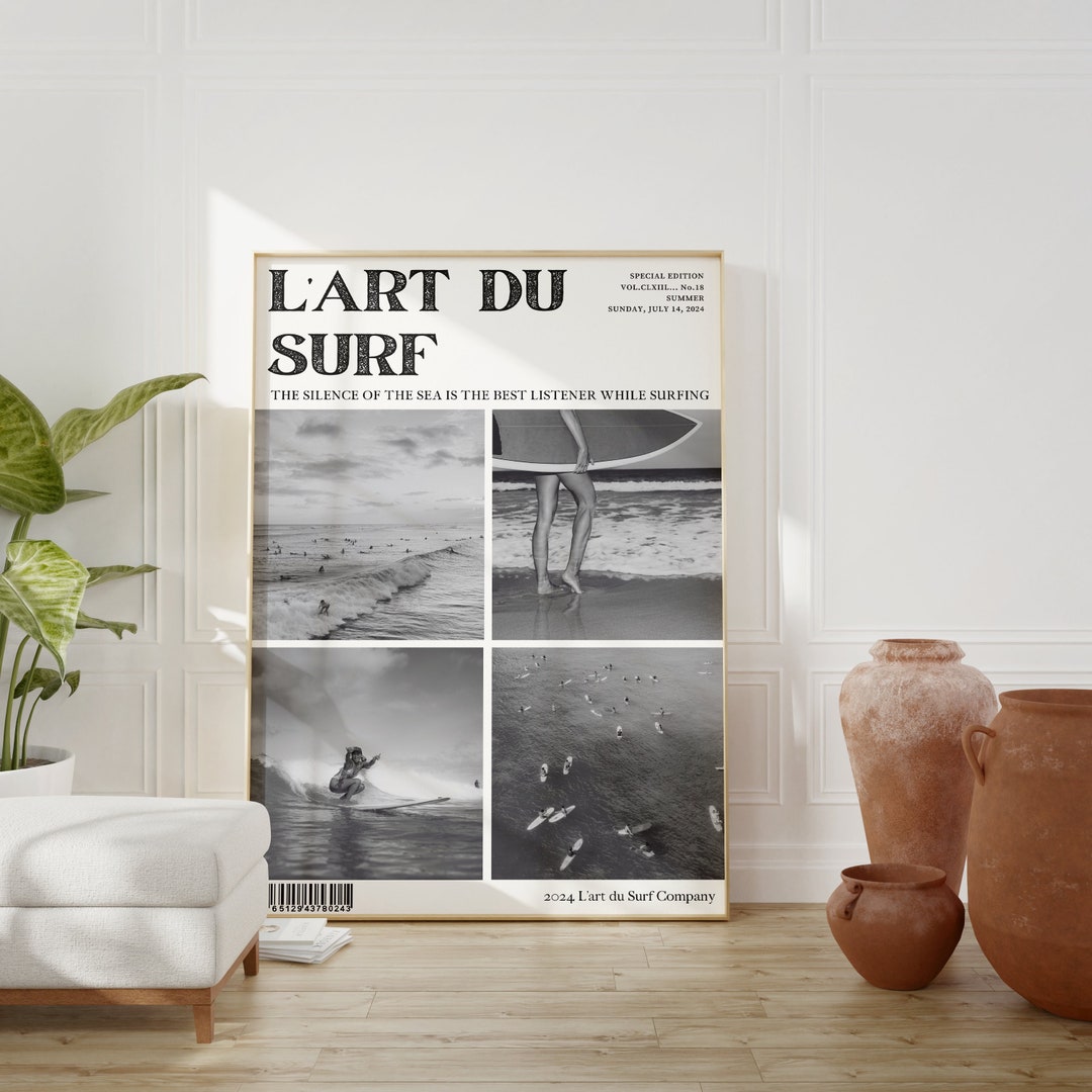 Surf Wall Art Surfer Girl Print Black and White Coastal Surf Magazine ...