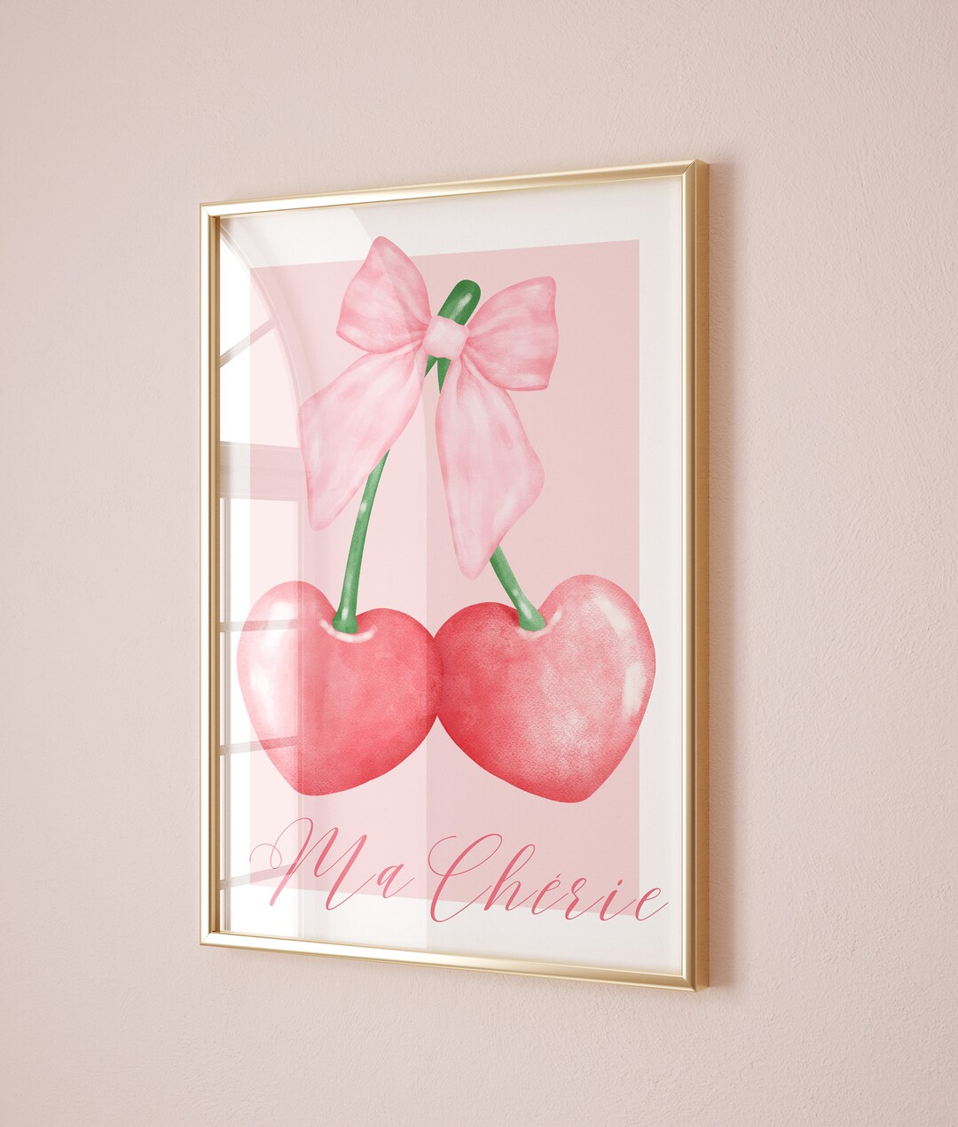 Ma Cherie Print, Watercolor Cherry Pink Bow Wall Art, Girly Coquette ...