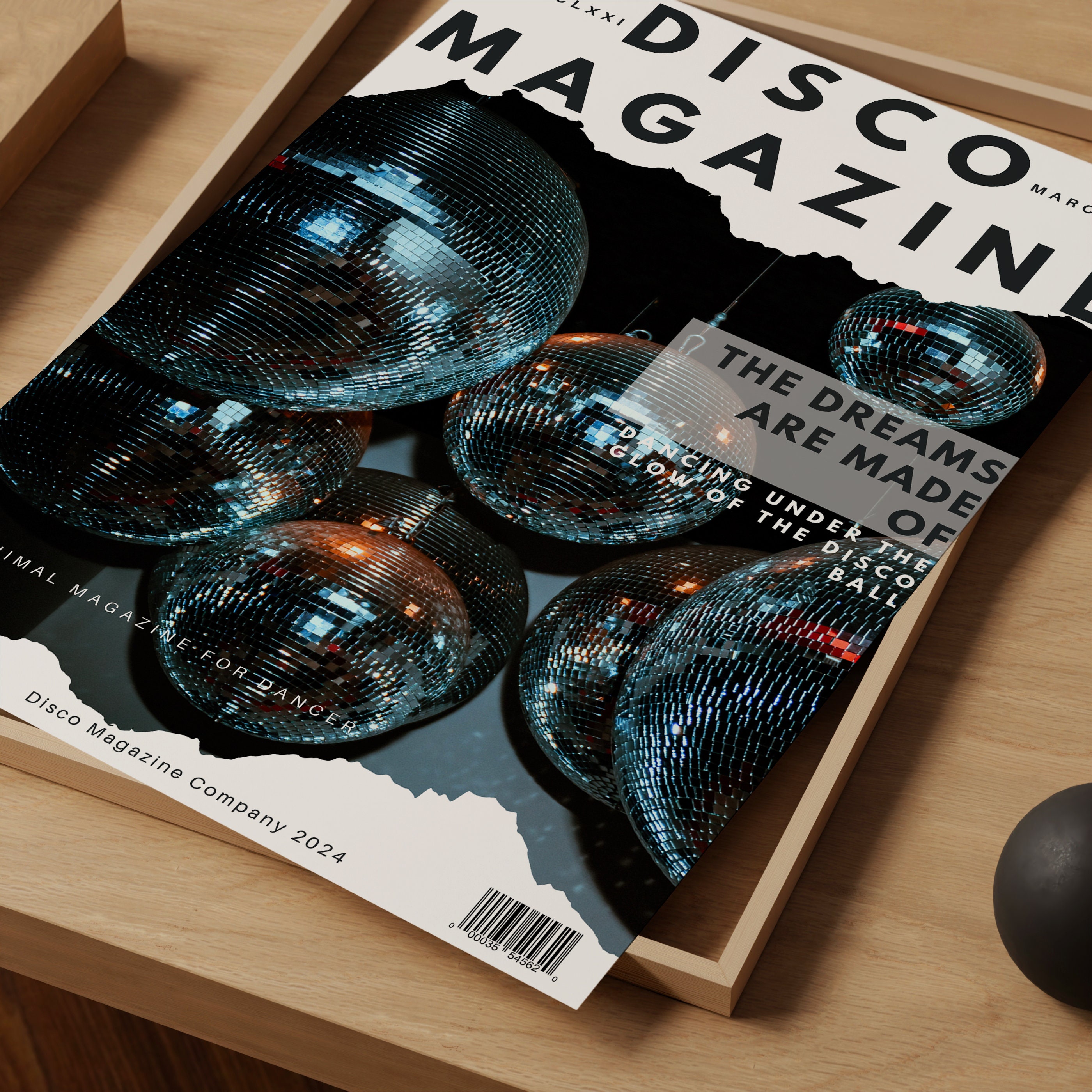 Disco Magazine Cover Wall Art, Disco Ball Print, Black and White Bar ...