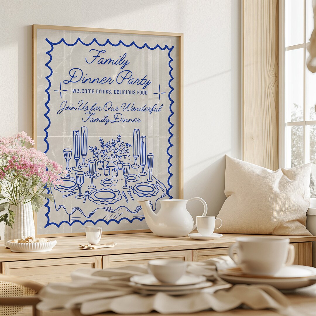 Hand Drawn Dinner Party Print: Retro Kitchen Illustration (digital ...