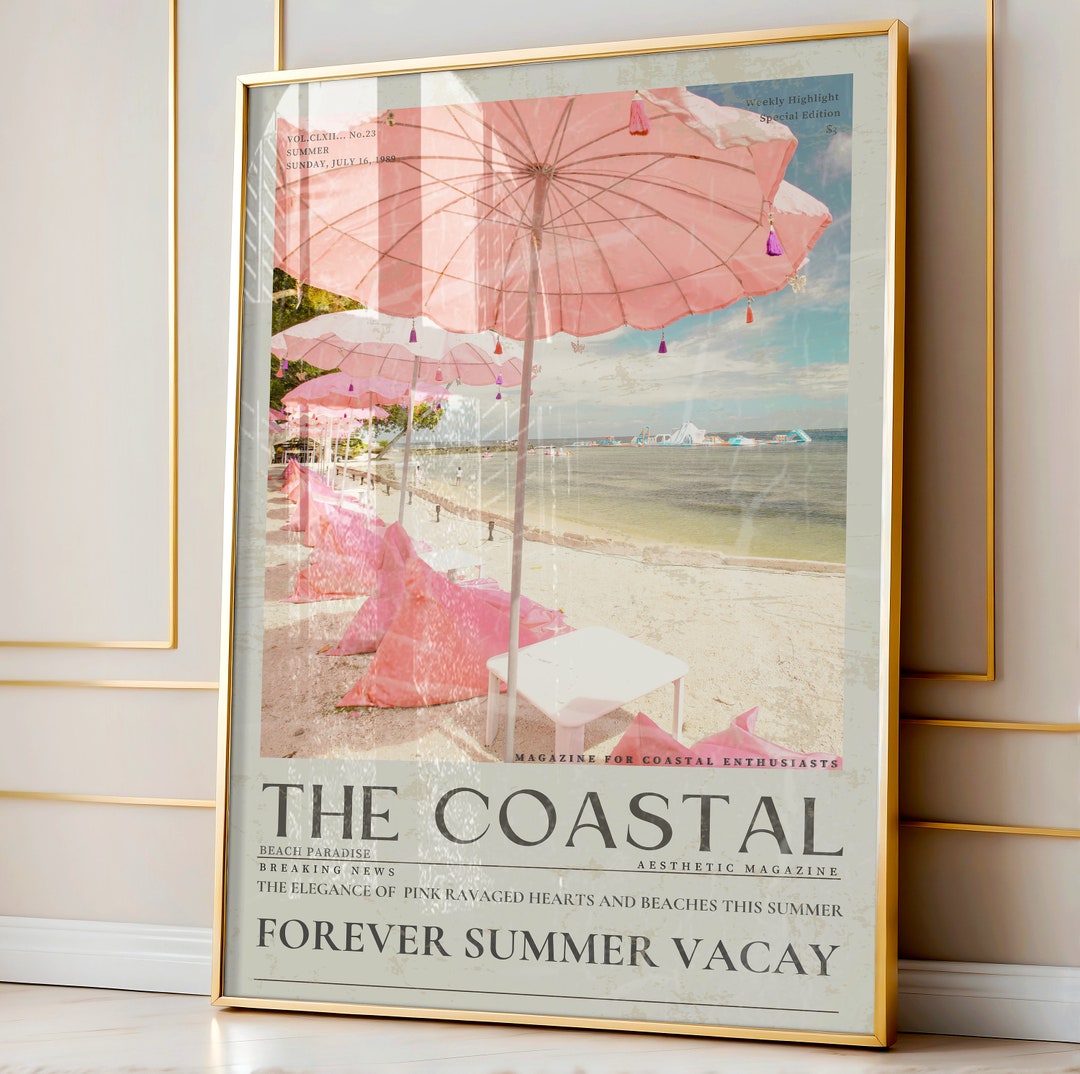 Coastal Newspaper Print, Pink Coastal Beach Poster, Vintage Beachy ...
