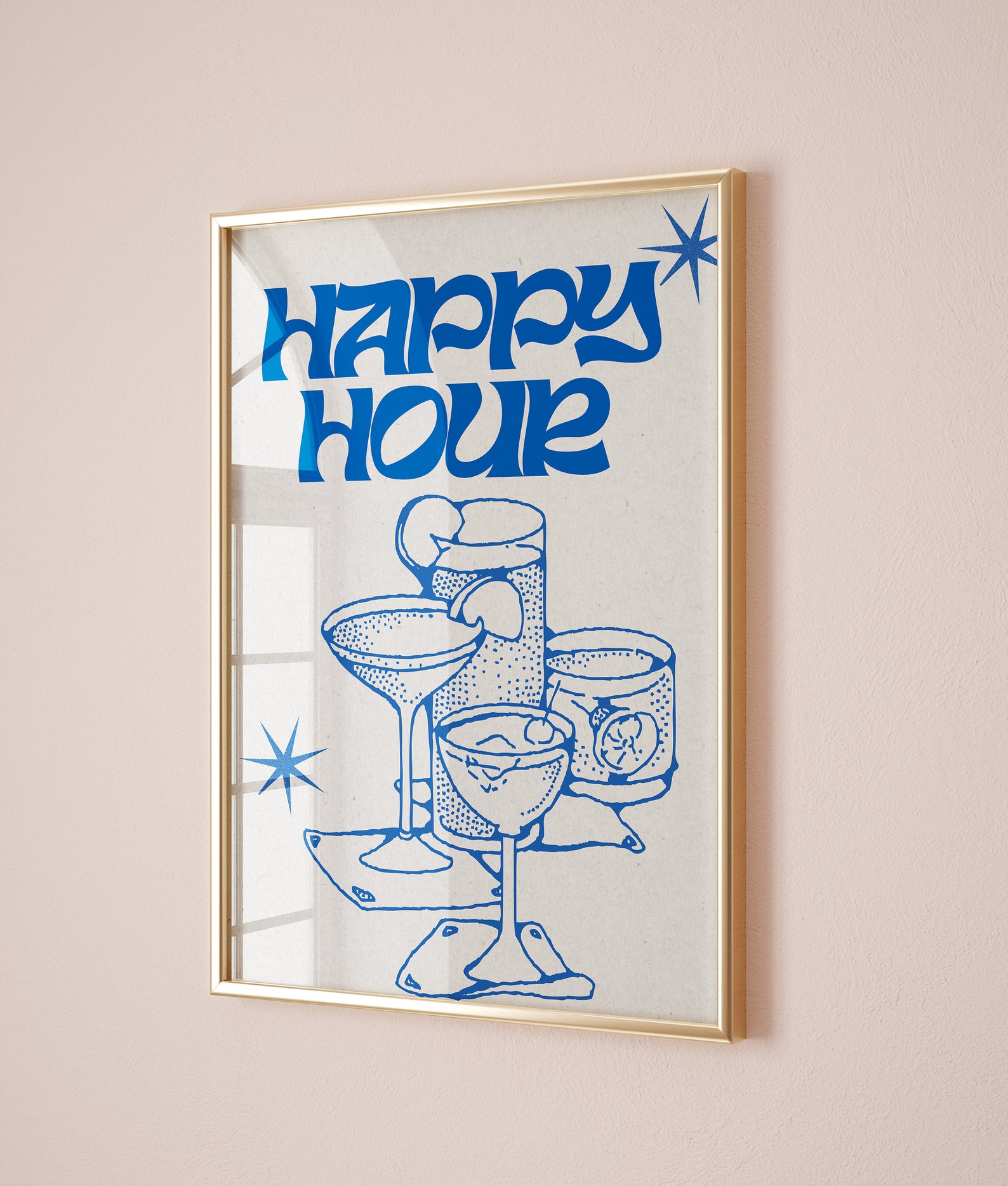 Blue Retro Happy Hour Print: Cocktail Illustration, Bar Cart Decor ...