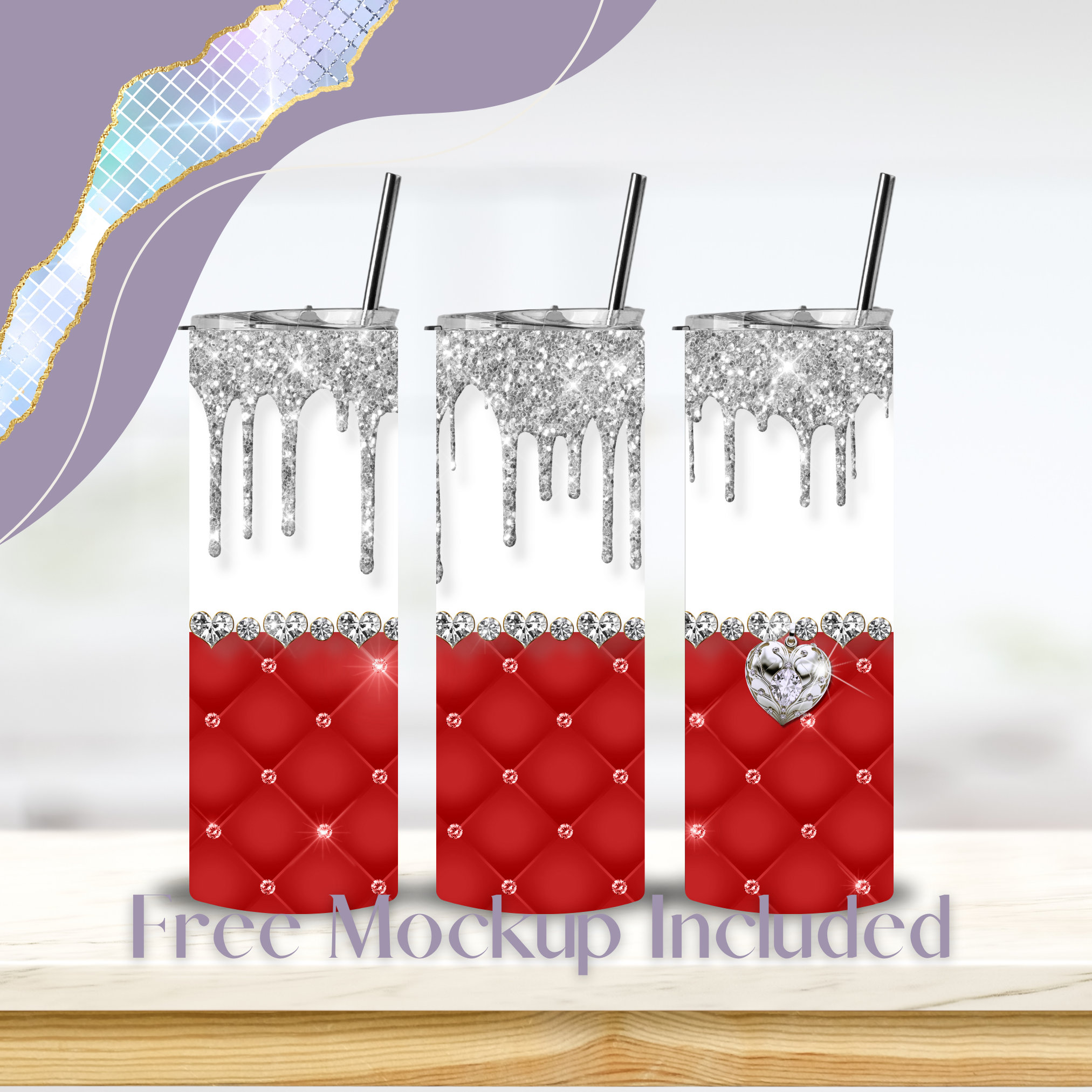 Half Red Glam 3-d Tumbler Template Wrap / Straight 20 Oz Tumblers ...