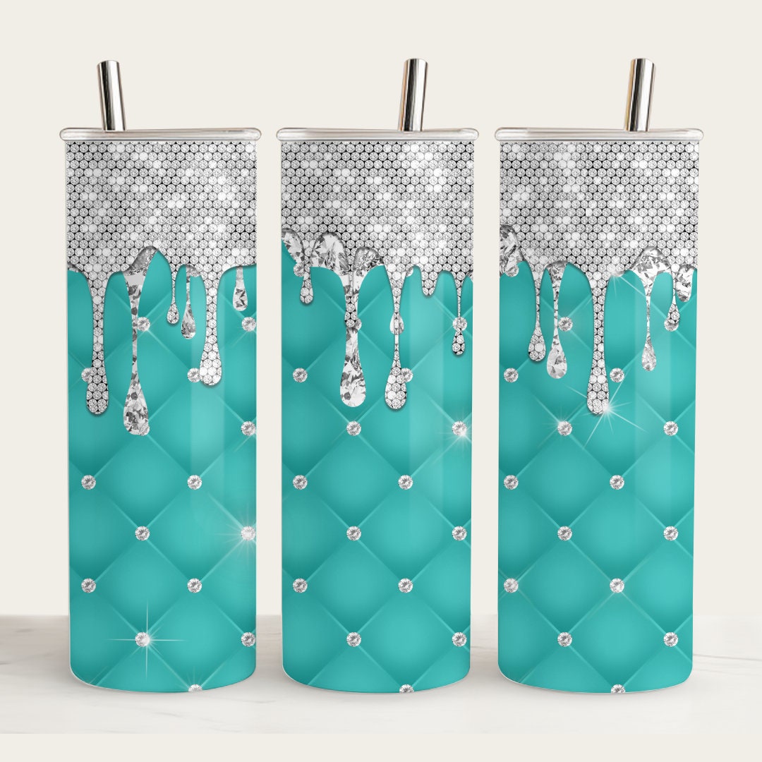 Turquoise Blue Diamond Drip Glam 3-d Tumbler Template Wrap, Straight 20 ...