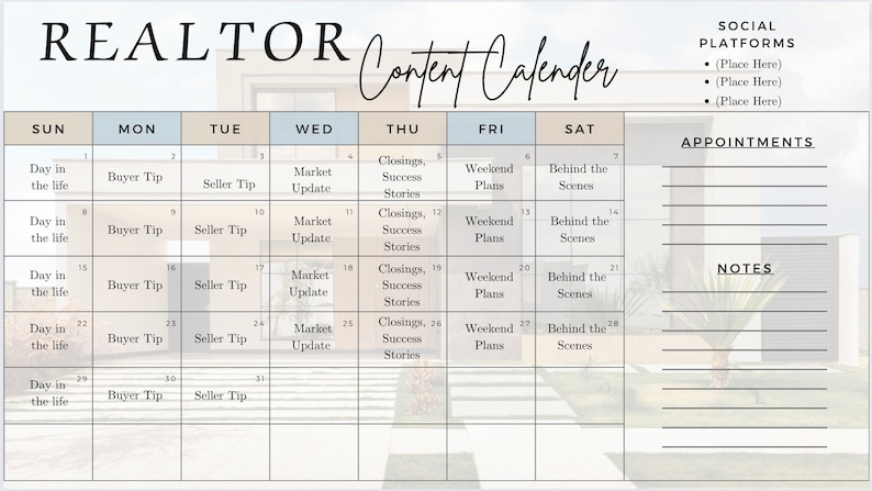 Realtor Social Media Calendar Template, Digital Social Media Calendar ...