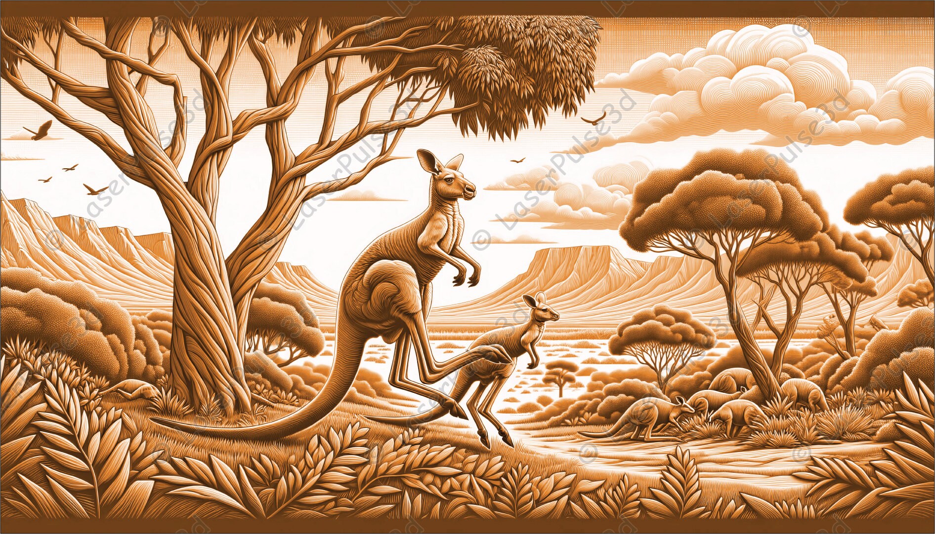 Kangaroos Hopping Laser Engrave Image | Laser Burn PNG File | 3D Laser ...