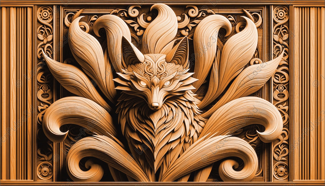 Kitsune Multiple Tails Laser Engrave Image | Laser Burn PNG File | 3D ...