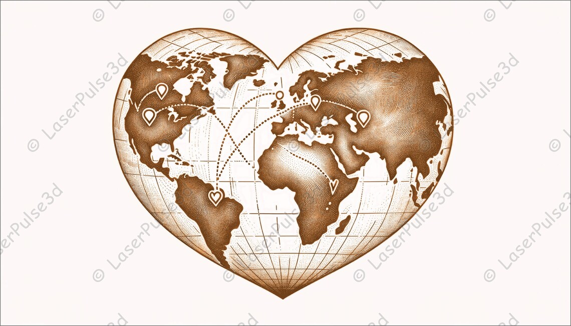 Heart Shaped World Map Valentines Laser Engrave Image Laser Burn PNG ...