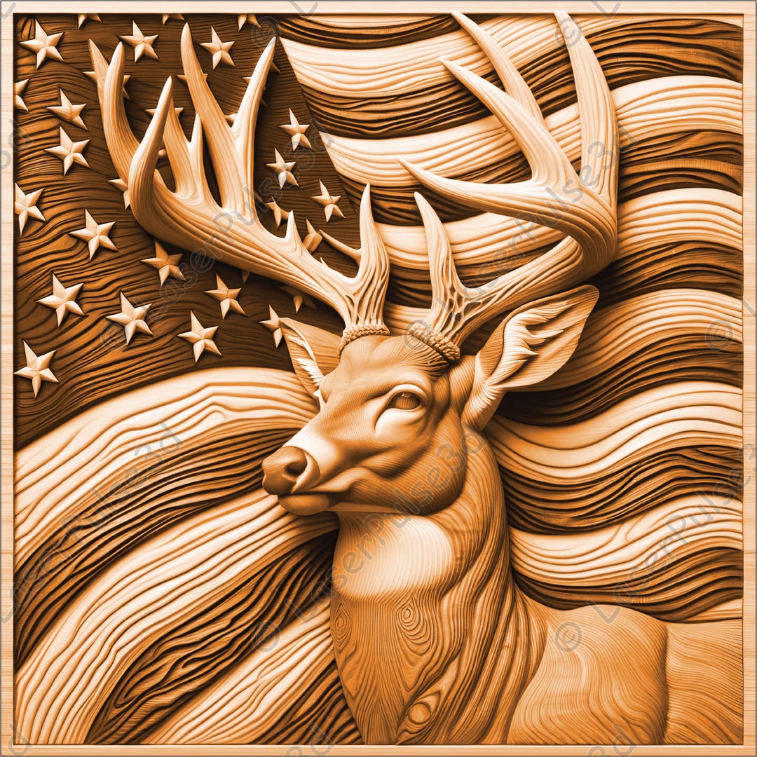 Deer Amerian Flag Laser Engrave Image | Laser Burn PNG File | 3D Laser ...